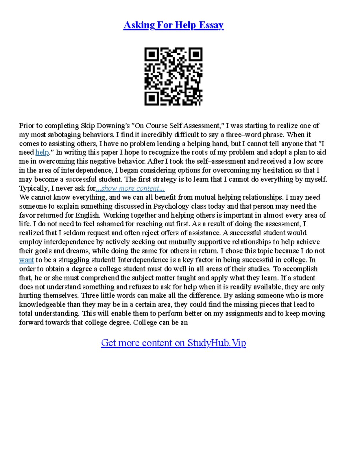 Help Writing Essays - Asking For Help Essay Prior to completing Skip ...