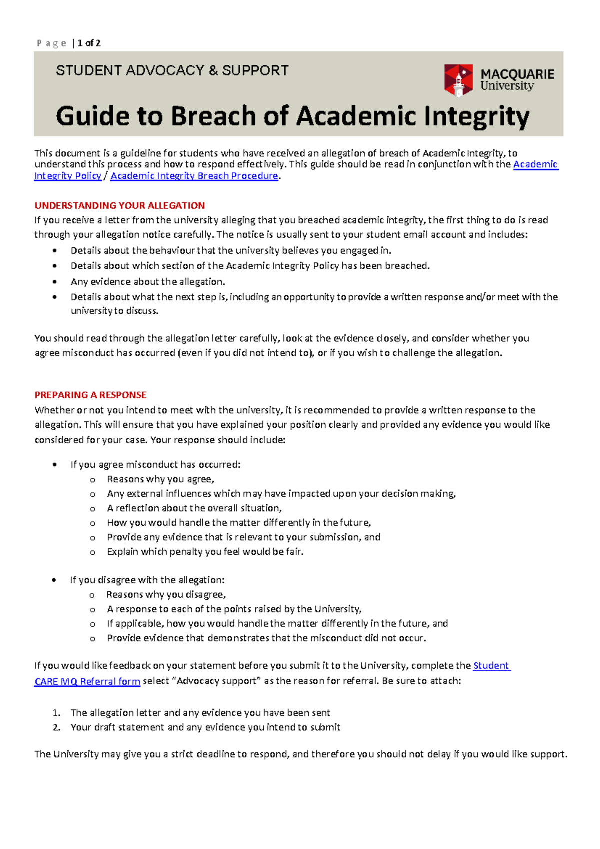 Guide to breach academic integrity - P a g e | 1 of 2 This document is ...