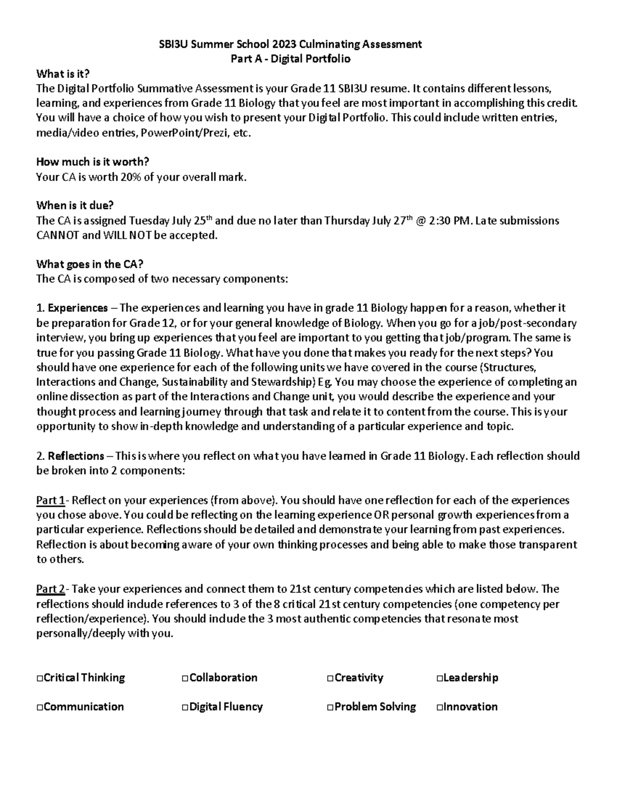 Culminating Summer 2023 - SBI3U Summer School 2023 Culminating Assessment Part A - Digital ...