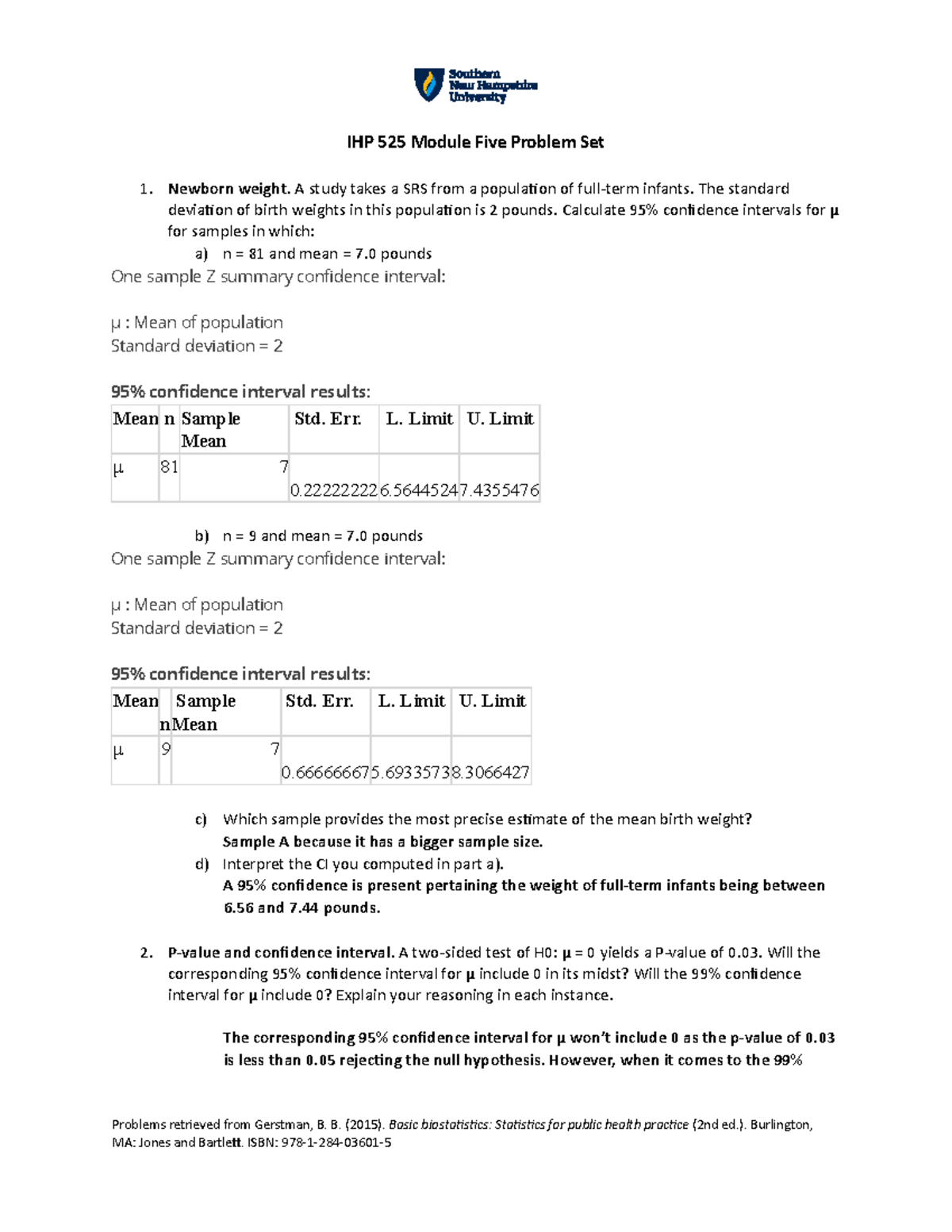 IHP 525 Module Five Problem Set - Problems retrieved from Gerstman, B. B. (2015). Basic ...