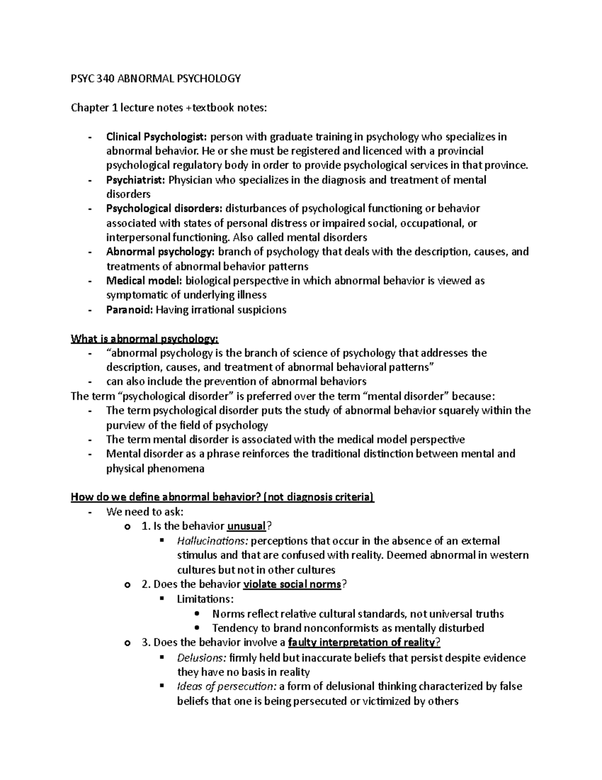 PSYC 340 Abnormal Psychology - PSYC 340 ABNORMAL PSYCHOLOGY Chapter 1 ...