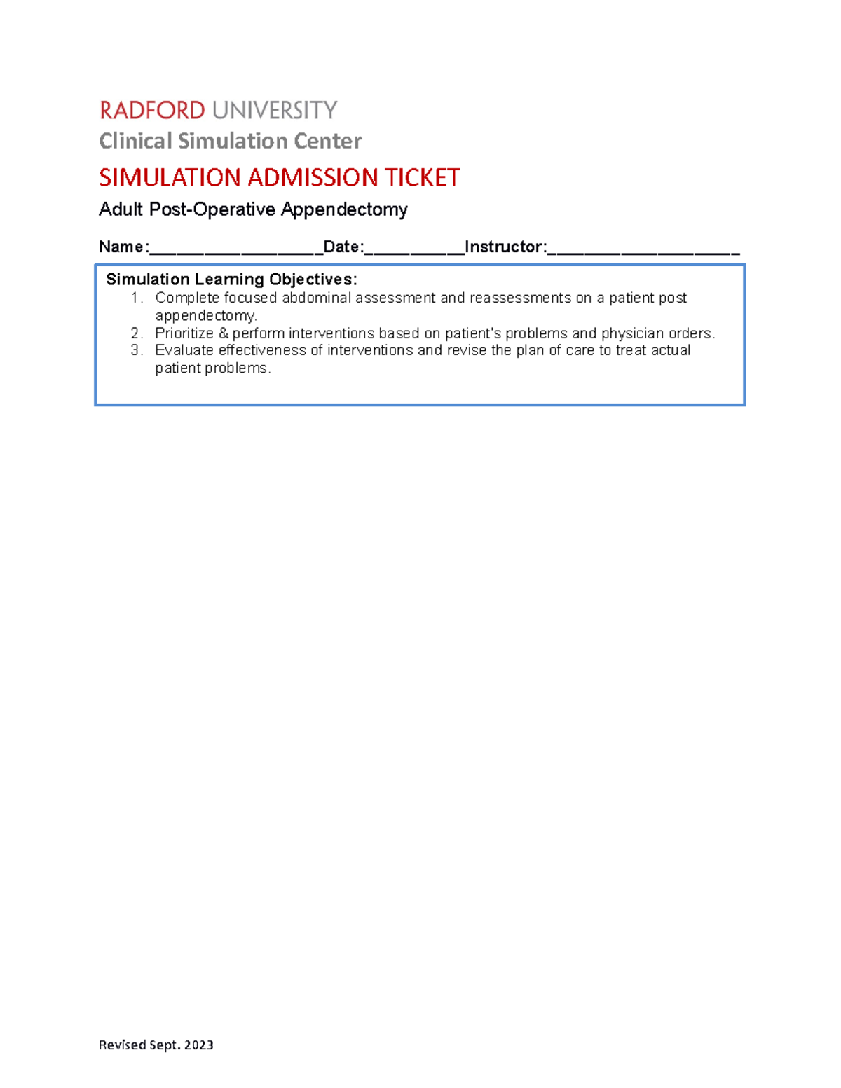 Simulation Admission Ticket Post Op Appendectomy Adult 2023 - Clinical ...