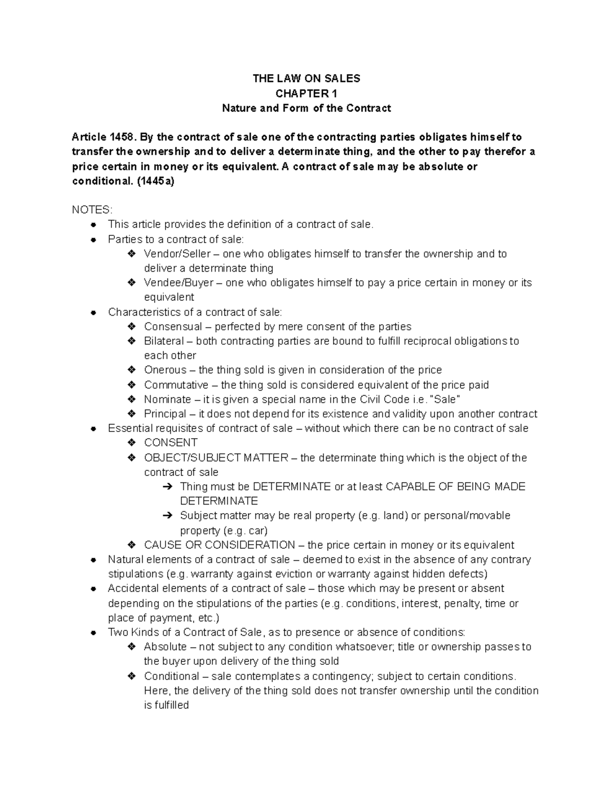 THE LAW ON Sales - copy co[y - THE LAW ON SALES CHAPTER 1 Nature and ...