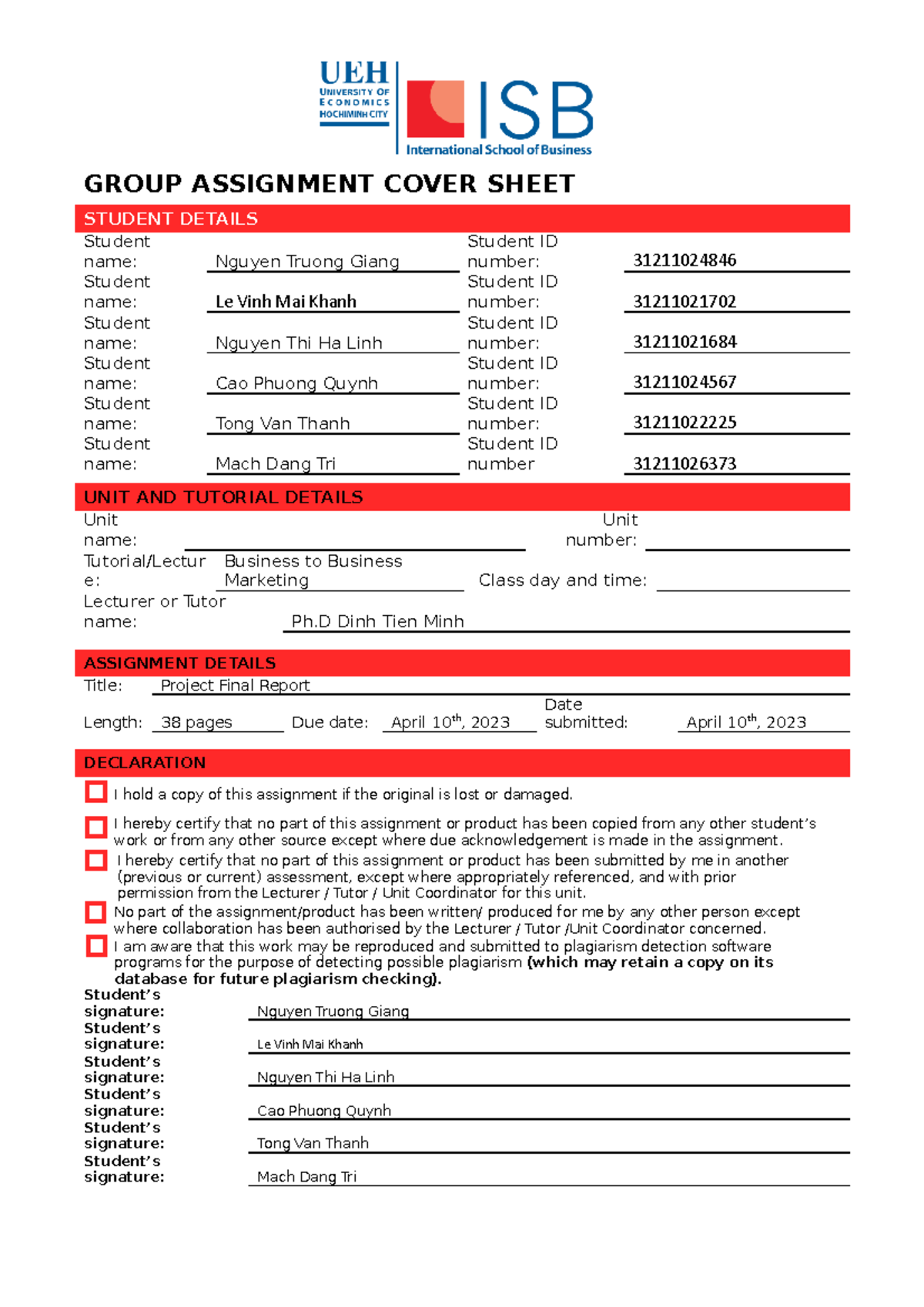 Group Assignment Cover Sheet ISB - GROUP ASSIGNMENT COVER SHEET STUDENT ...