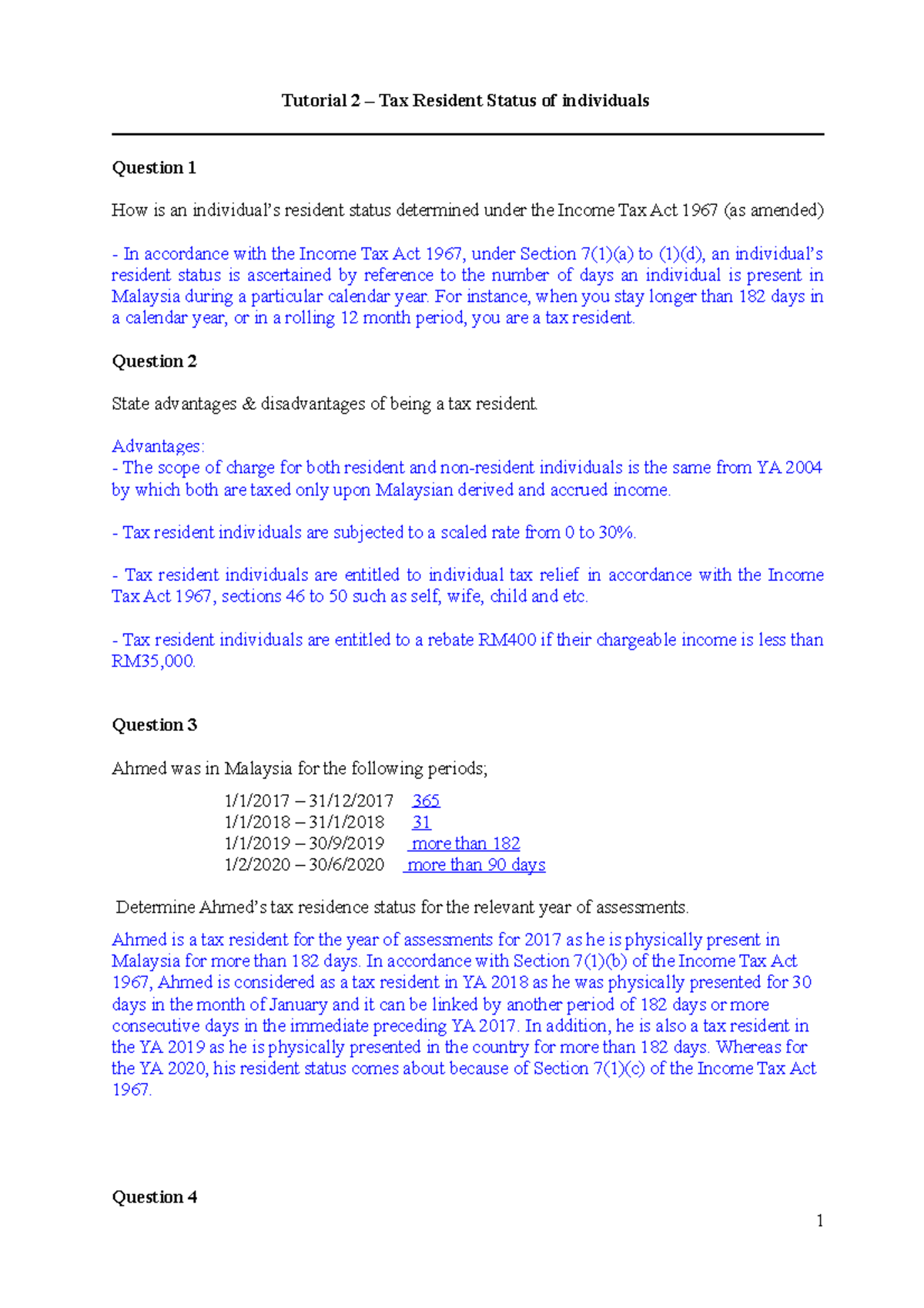 Taxpayer Resident Status doc - Tutorial 2 – Tax Resident Status of ...