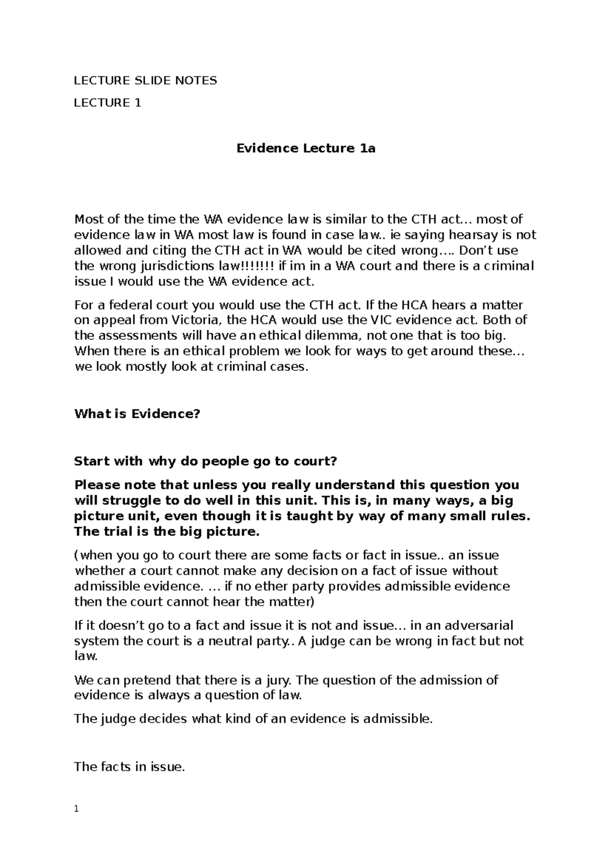 Evidence Lecture Slide Notes 2016 - LECTURE SLIDE NOTES LECTURE 1 ...