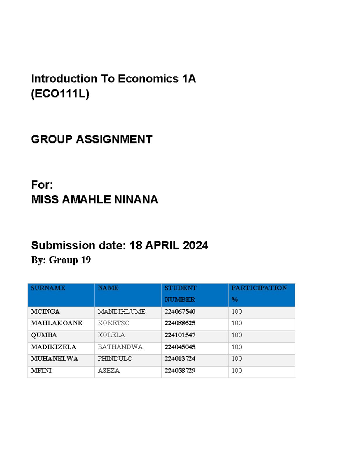 Introduction To Economics 1A Group 19 Assignment - Introduction To Economics 1A (ECO111L) GROUP ...