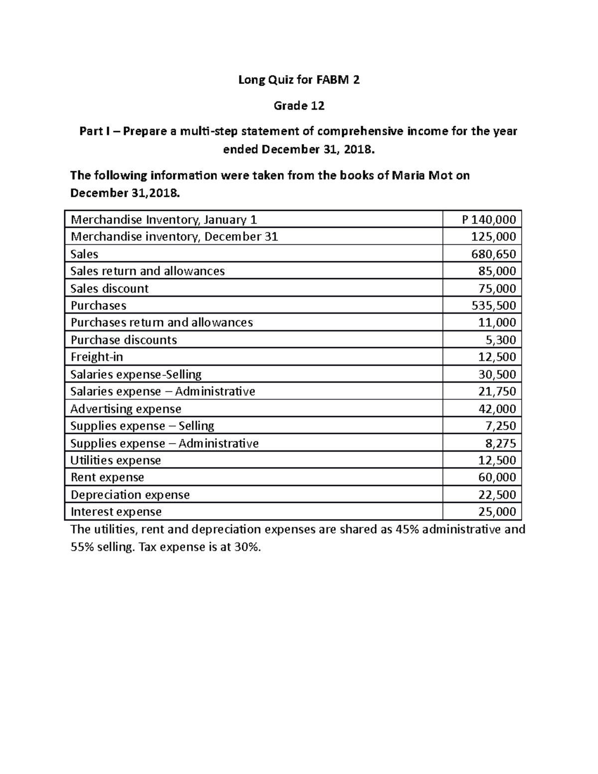 FABM 2 PRACTICE QUIZ - Part I – Prepare a multi-step statement of comprehensive income for the ...