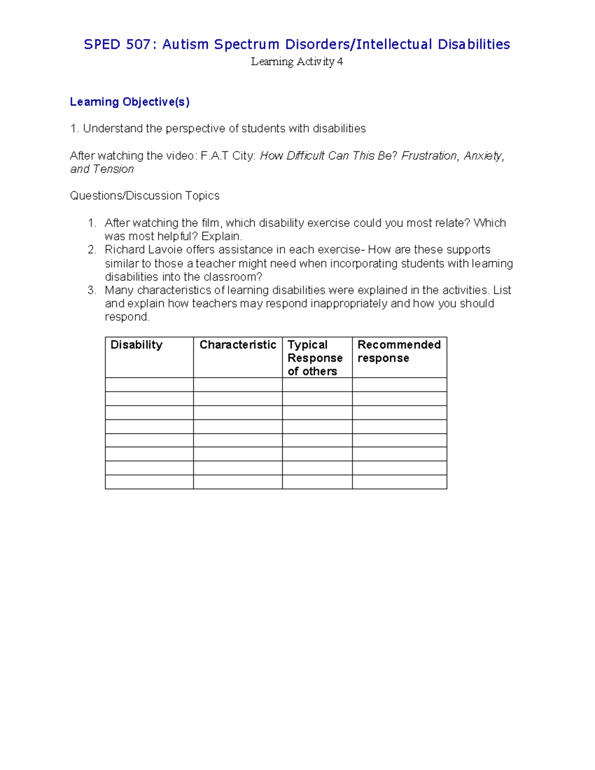 507 learning activity 4 - SPED 507: Autism Spectrum Disorders ...