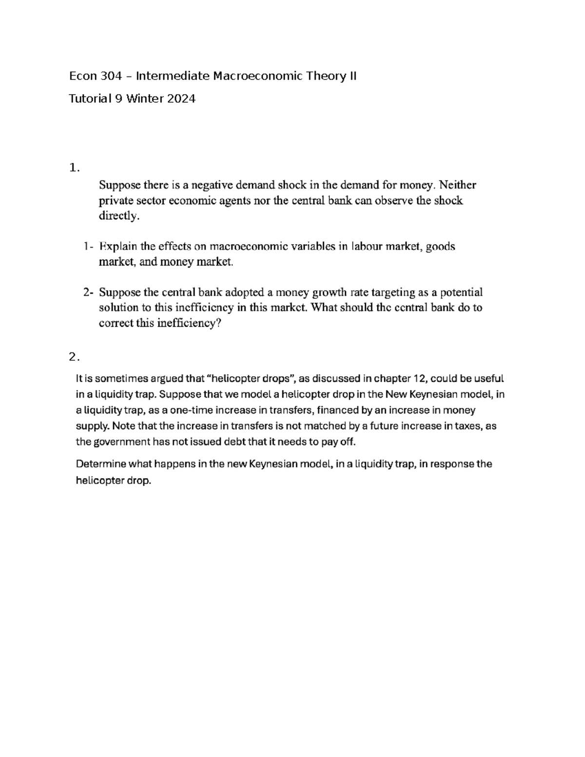 Tutorial 9 W2024 - ECON 304 - Econ 304 – Intermediate Macroeconomic ...