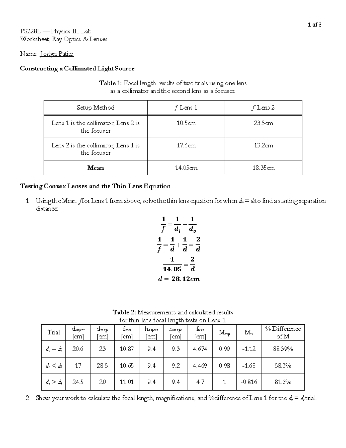 Ray Optics and Lenses Worksheet Patitz - PS228L — Physics III Lab ...
