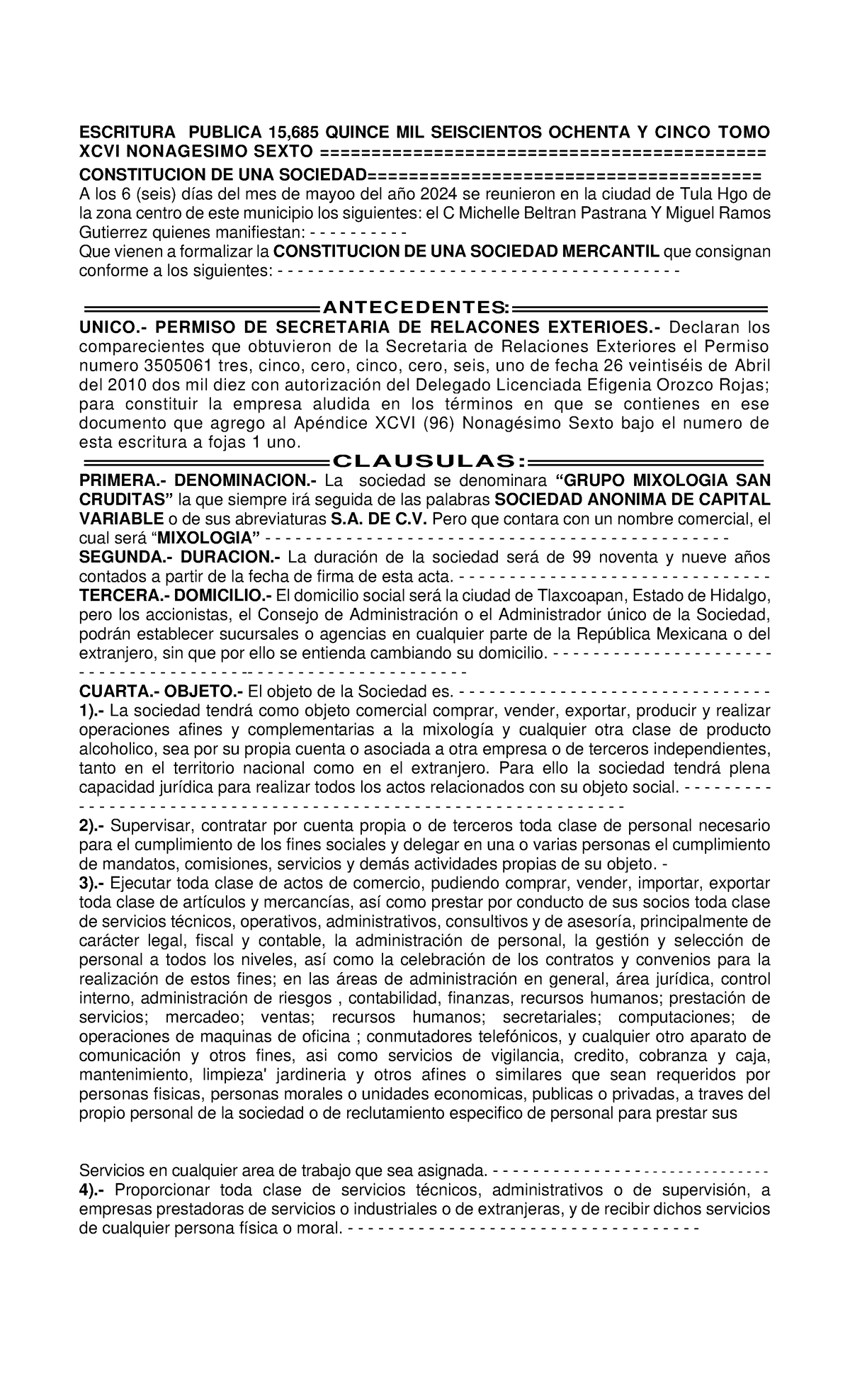 Proyecto Integrador ACTA Constitutiva - ESCRITURA PUBLICA 15,685 QUINCE ...
