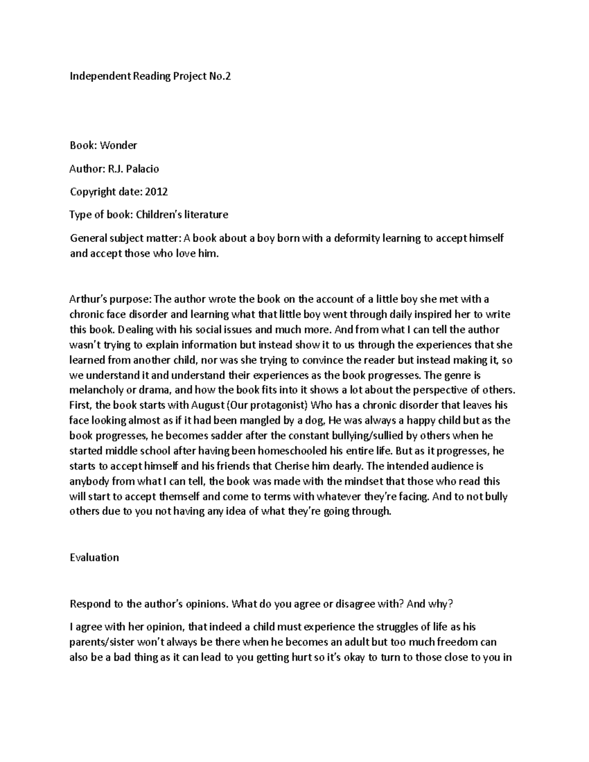 Document 96 - Independent Reading Project No. Book: Wonder Author: R ...