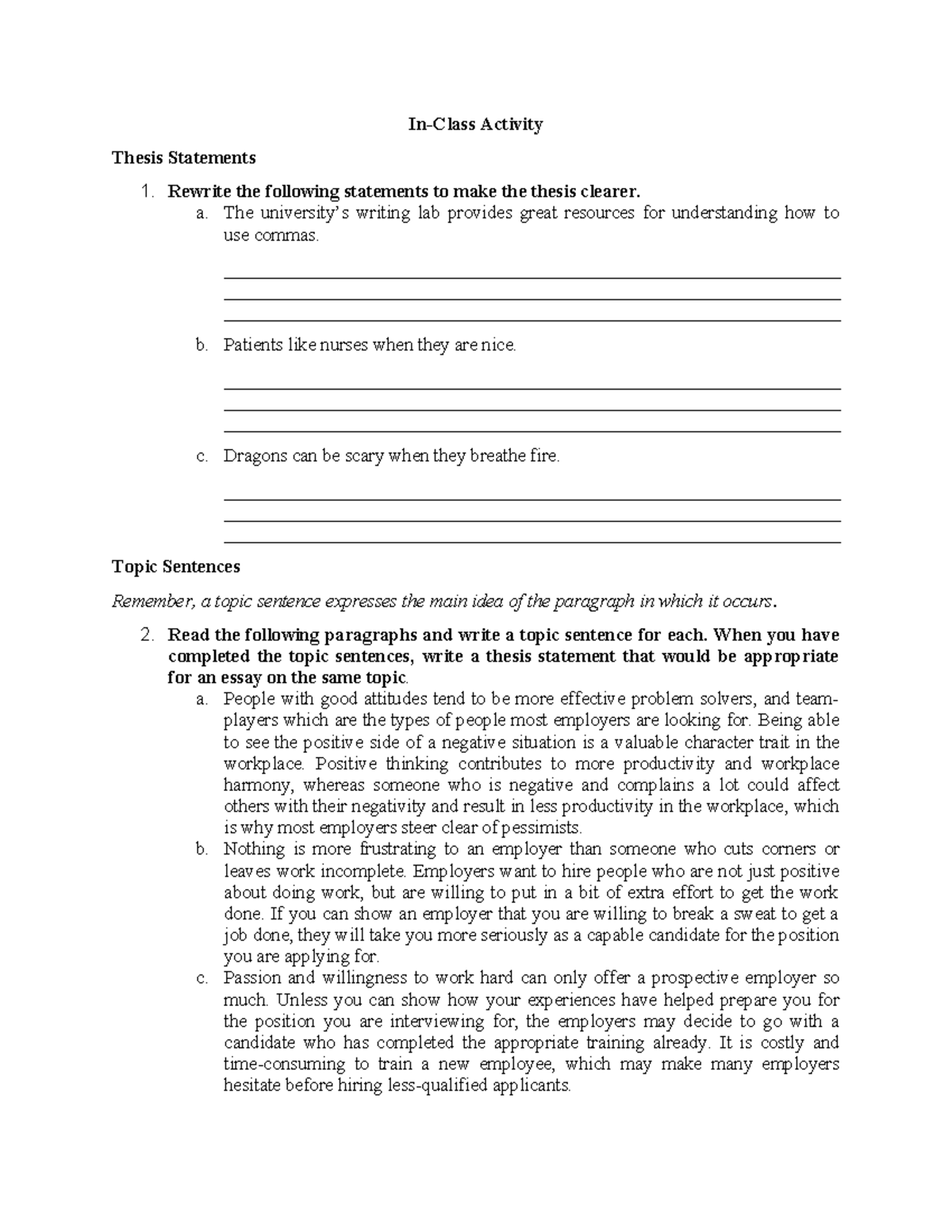 3.1 - In-Class Activity - Thesis Statement and Topic Sentence Activity ...
