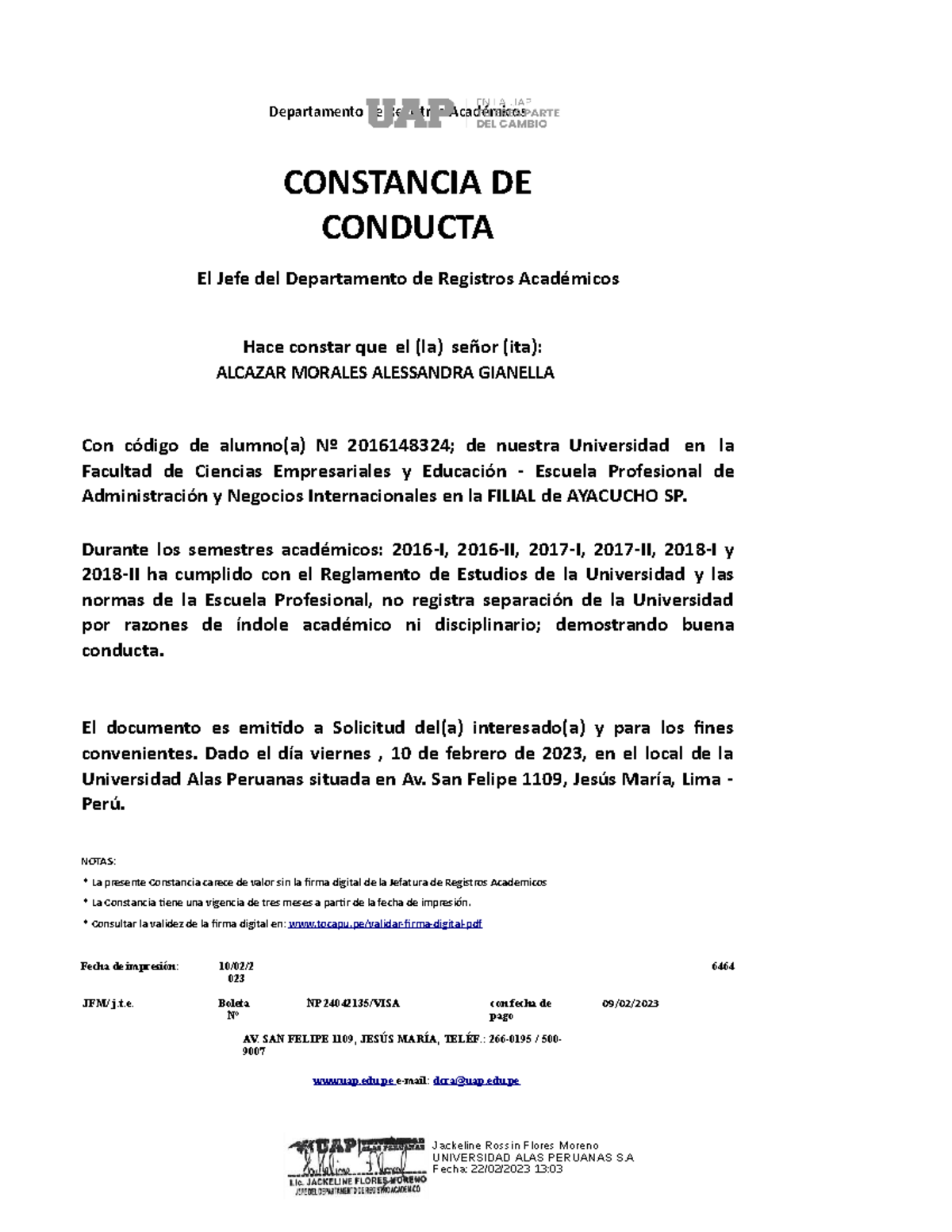 Constancia DE Buena Conducta UAP AAM - Departamento de Registros Académicos CONSTANCIA DE ...
