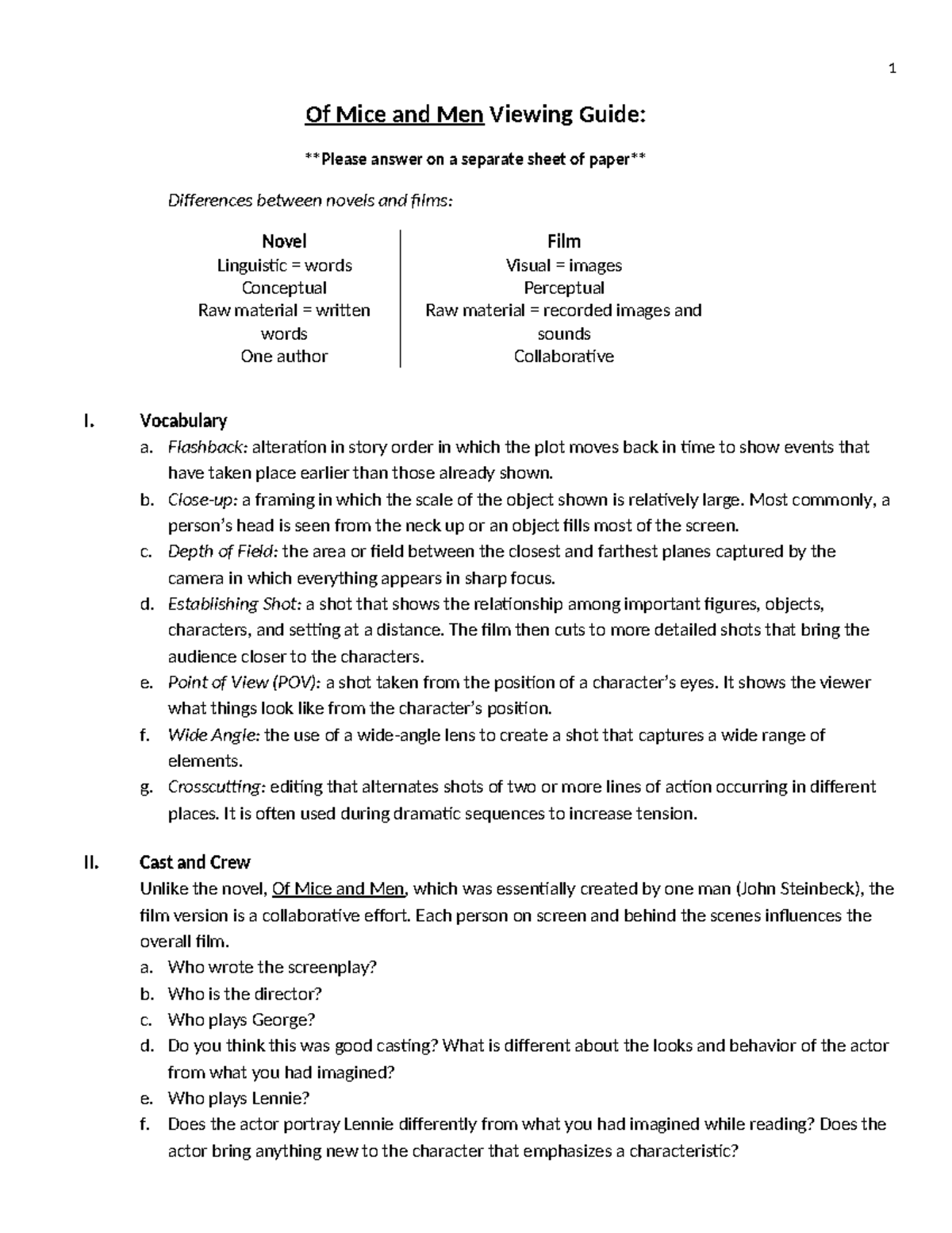 Of mice and men viewing guide - 1 Of Mice and Men Viewing Guide: Please ...