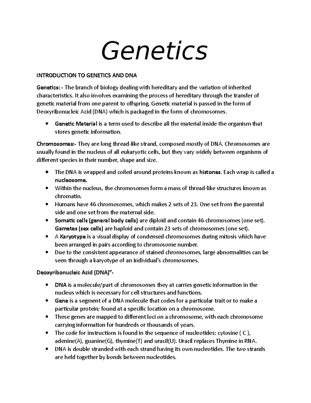 Genetics - Genetics INTRODUCTION TO GENETICS AND DNA Genetics: - The ...