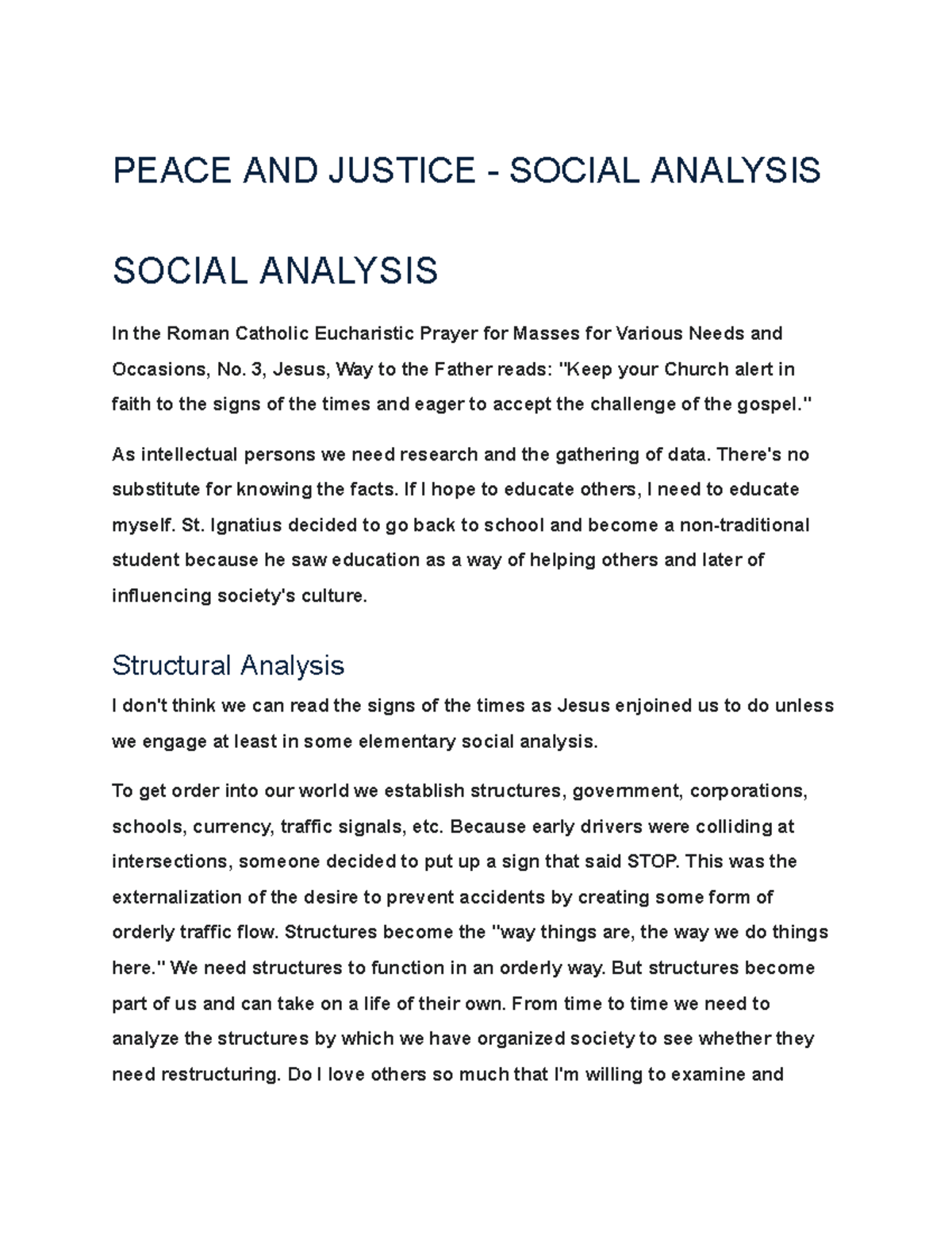 Peace and social justice 2 - PEACE AND JUSTICE - SOCIAL ANALYSIS SOCIAL ...
