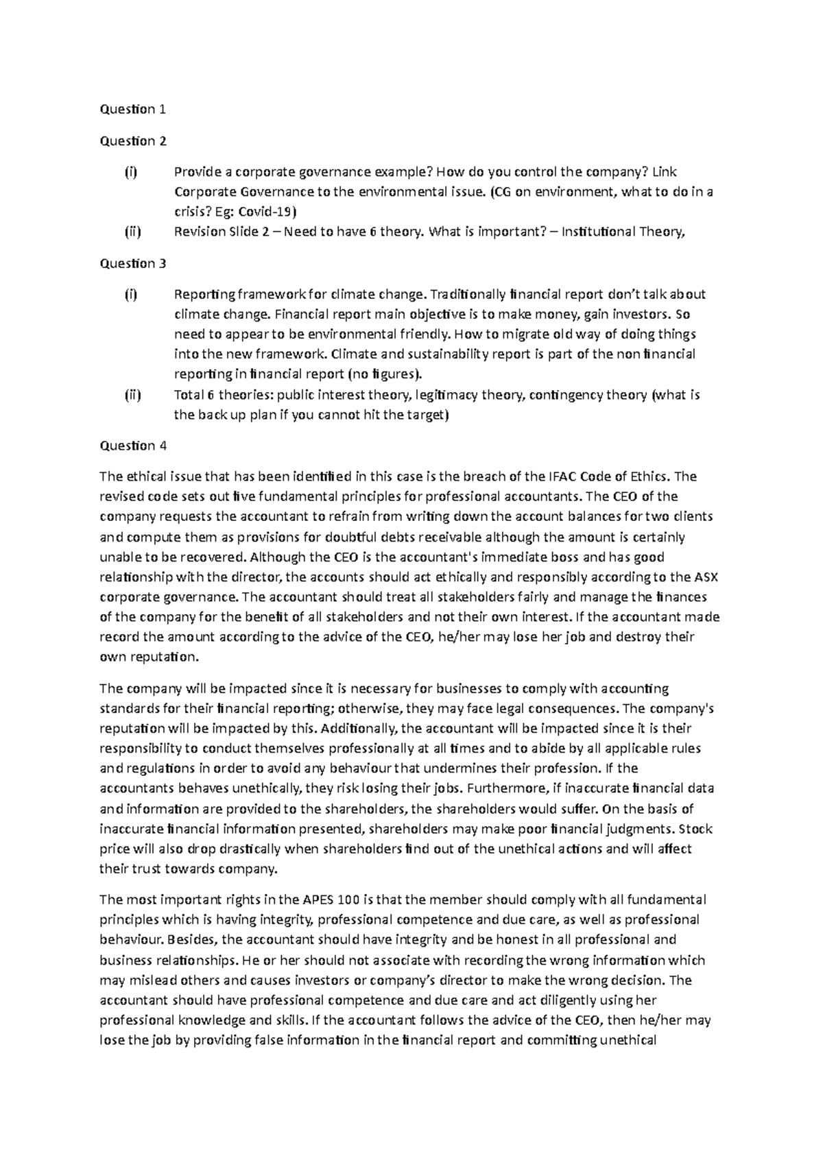 Question 1 - FINANCE TUTORIAL - Question 1 Question 2 (i) Provide a corporate governance example ...