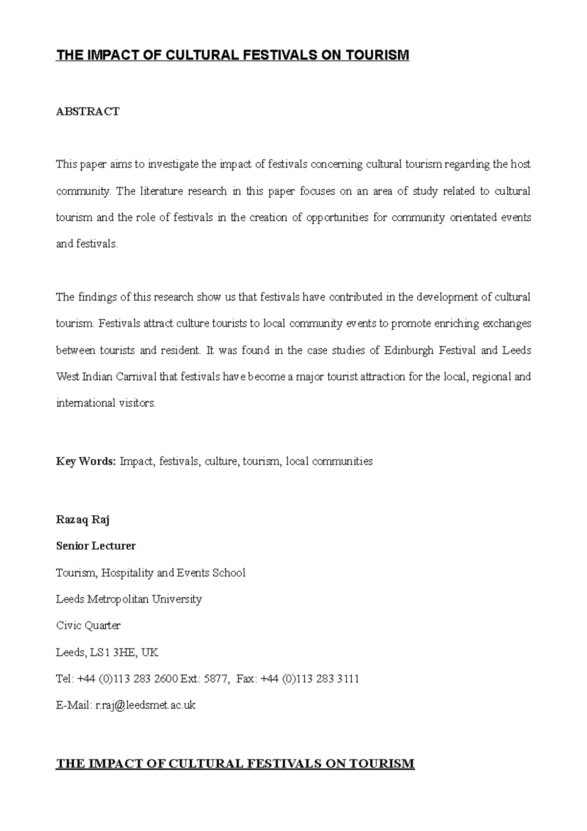 Cultural Festivalspaper - THE IMPACT OF CULTURAL FESTIVALS ON TOURISM ...