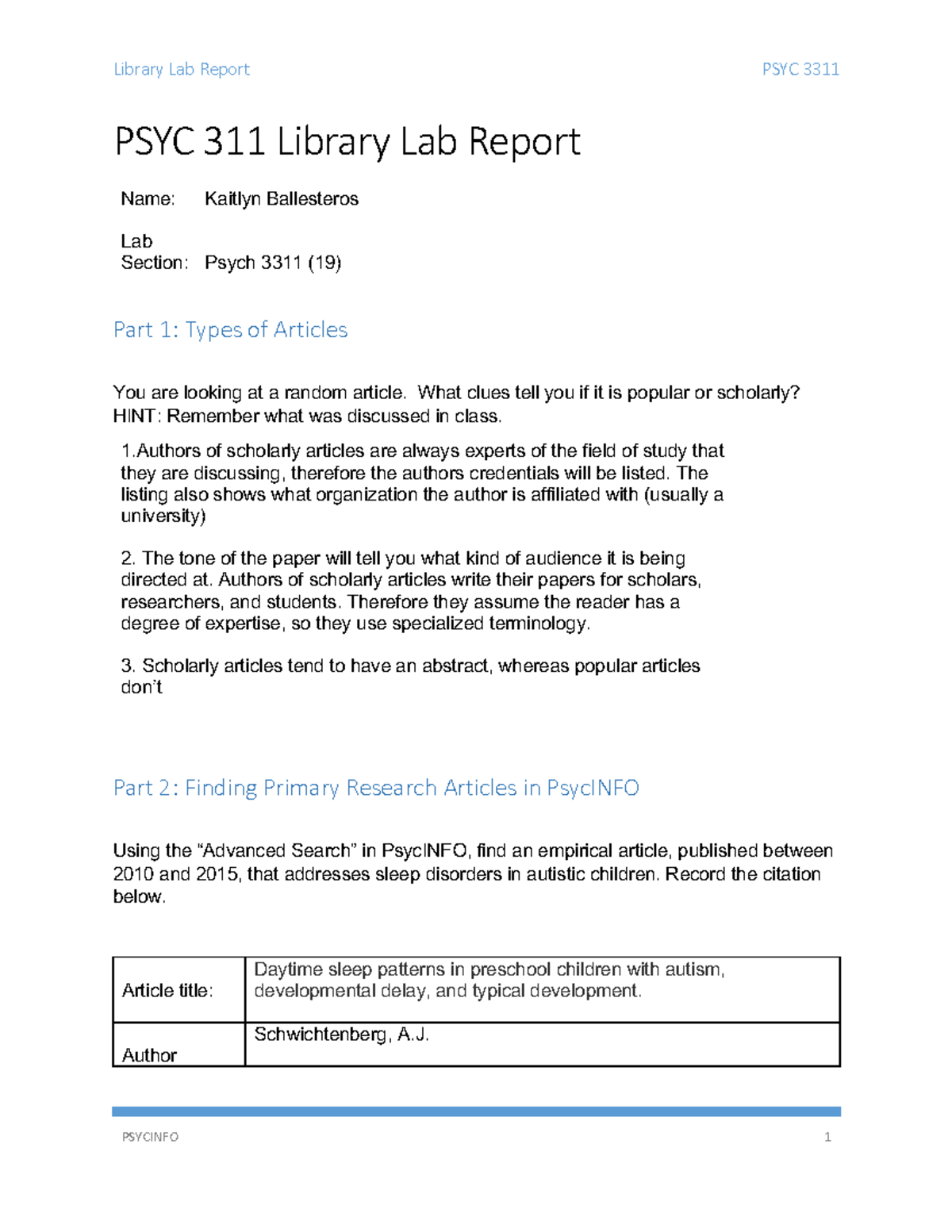 Library LAB Report - homework - Library Lab Report PSYC 3 311 PSYCINFO ...