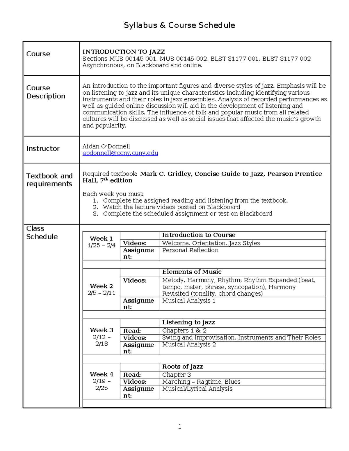 Aidan Syllabus Spring 2024 - Course INTRODUCTION TO JAZZ Sections MUS ...