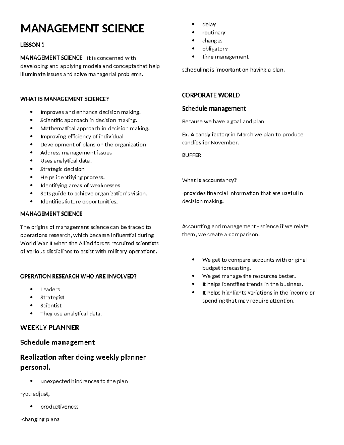 Management Science - notes - MANAGEMENT SCIENCE LESSON 1 MANAGEMENT ...
