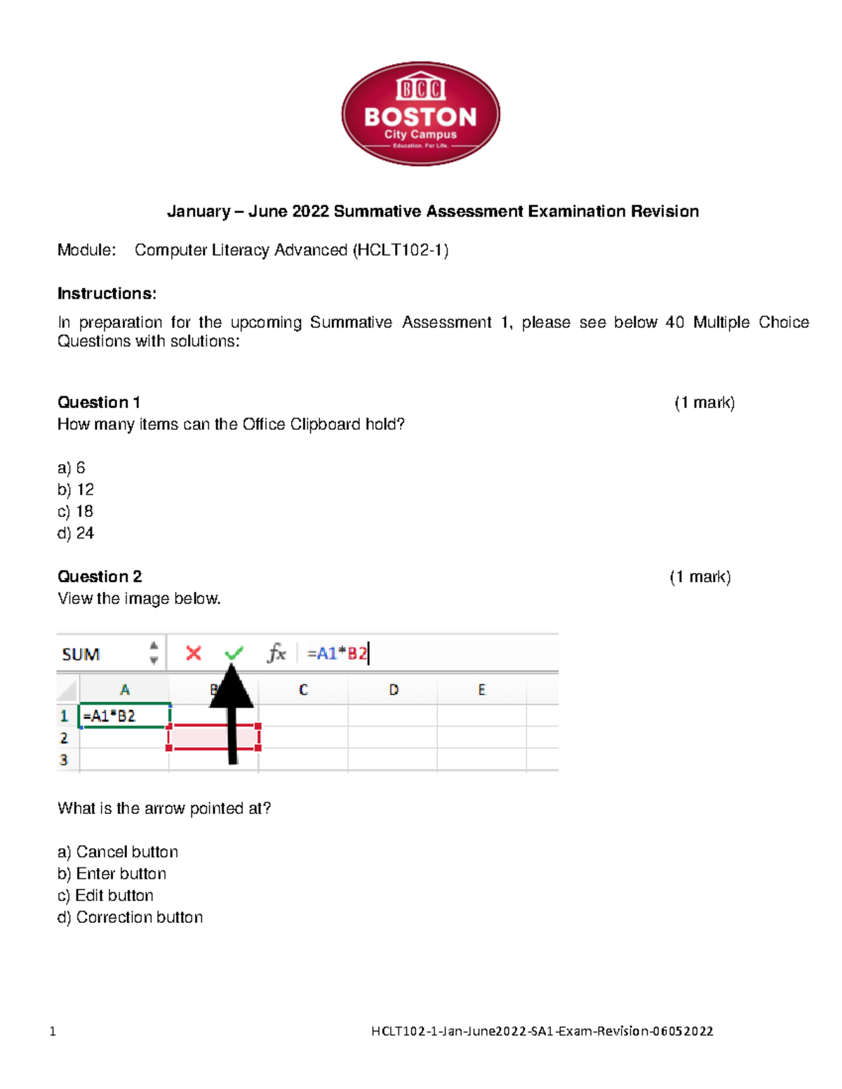 HCLT102 1 Jan June2022 SA1 Exam Revision 06052022 - Module: Computer ...