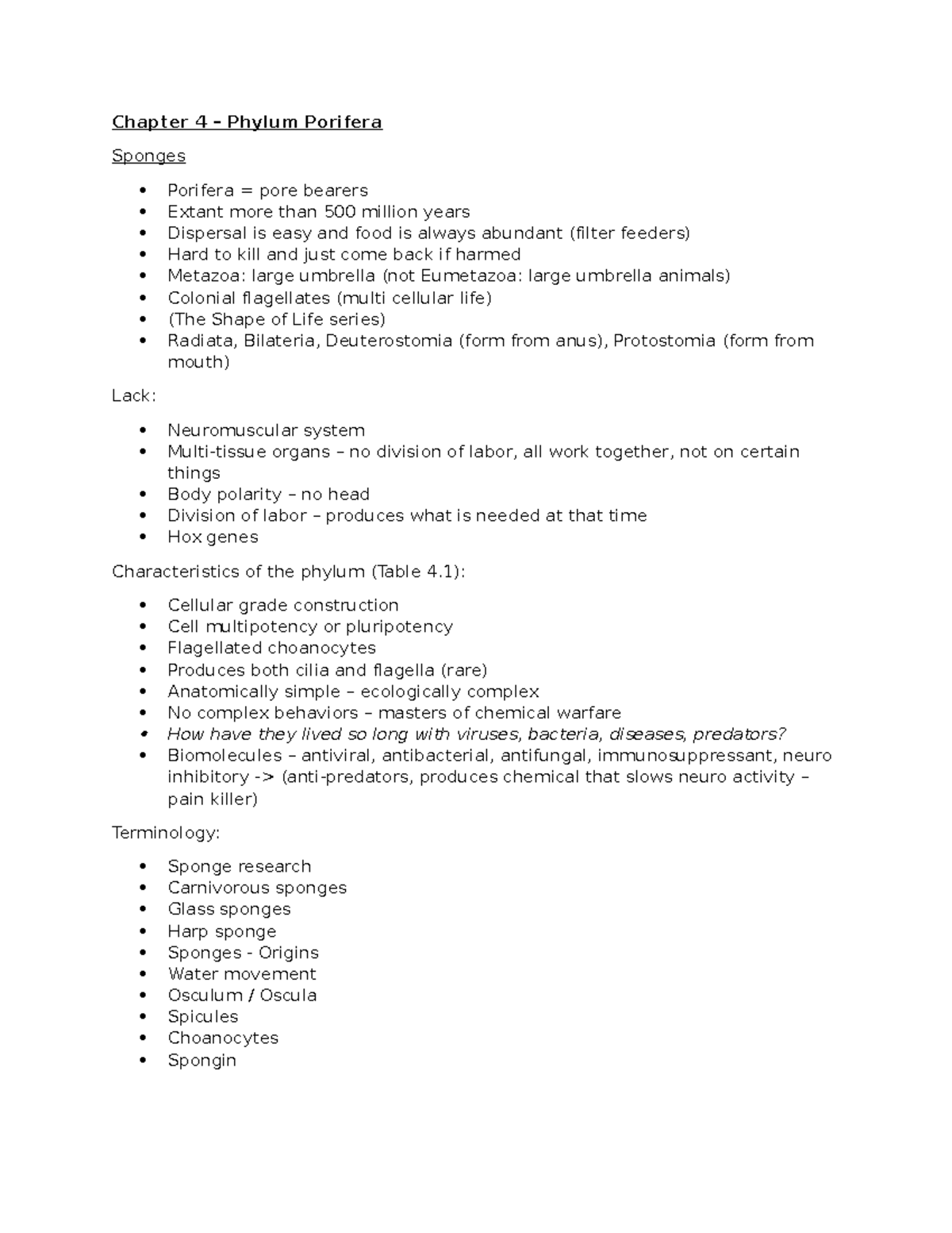 Chapter 4 - Phylum Porifera - Chapter 4 – Phylum Porifera Sponges ...
