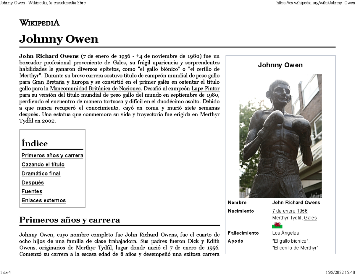 Johnny Owen - Wikipedia, la enciclopedia libre - Johnny Owen Nombre John Richard Owens ...