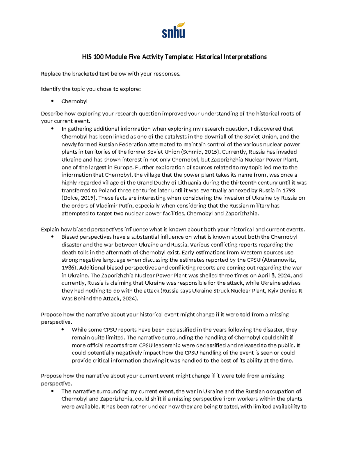 HIS 100 Module Five Activity Template - Identify the topic you chose to ...