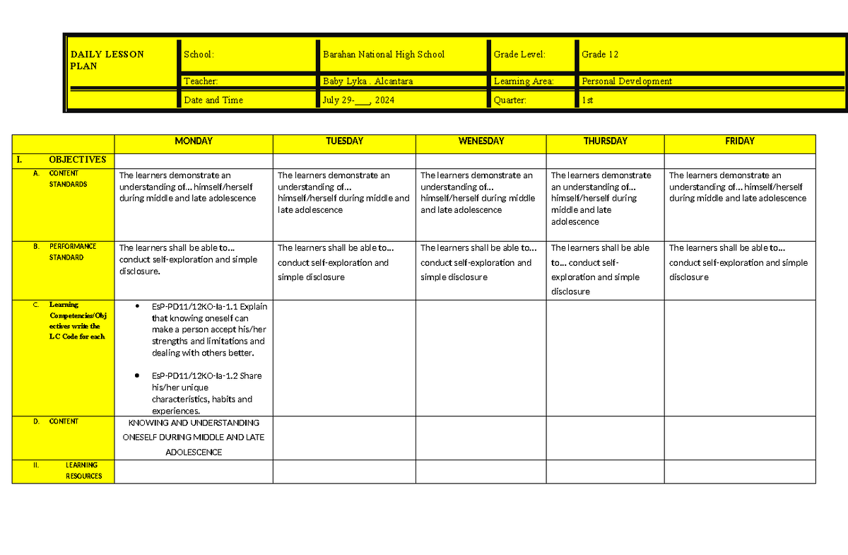 3RD WEEK Perdev 12 - Copy - Copy - Copy - DAILY LESSON PLAN School ...