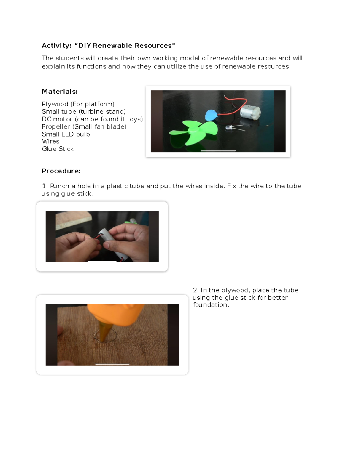 Activity - lecture notes - Activity: “DIY Renewable Resources” The ...