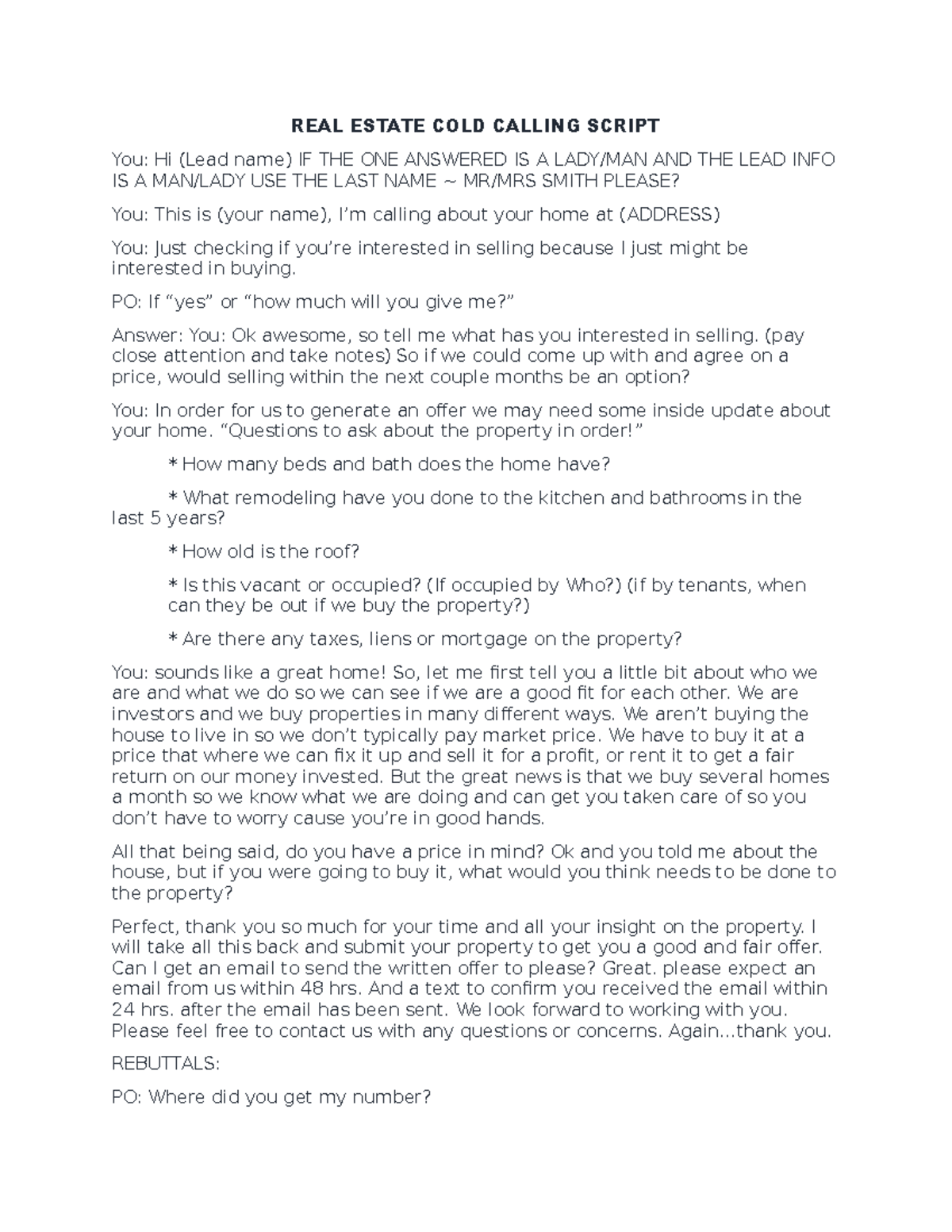 Diana Script - Notes in major. - REAL ESTATE COLD CALLING SCRIPT You ...