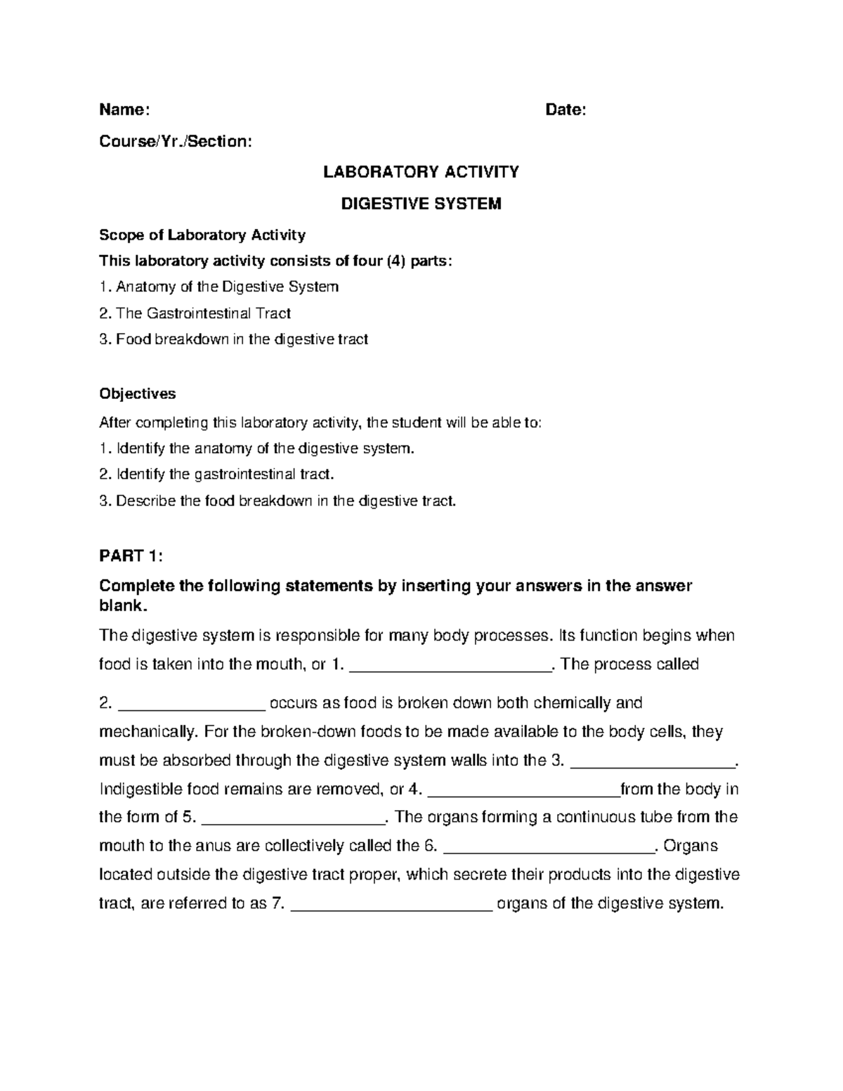 Digestive System LAB Activity - Name: Date: Course/Yr./Section ...