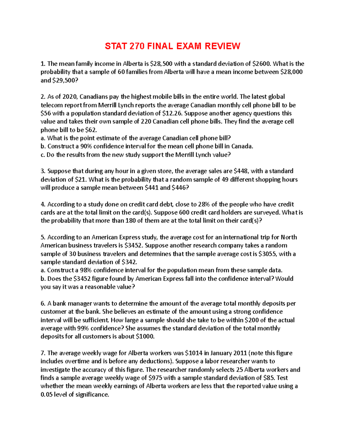 STAT 270 Final Exam Review - STAT 270 FINAL EXAM REVIEW The mean family ...