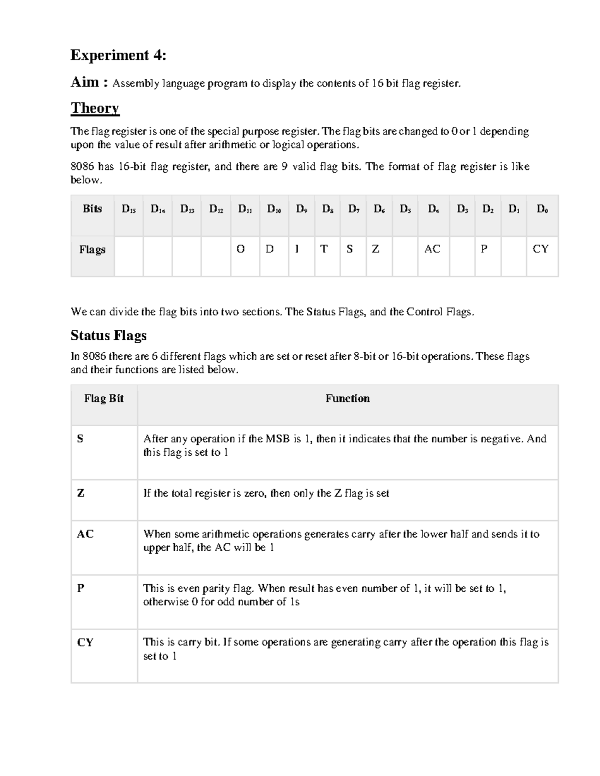 Exp - 4 - display flag register - Experiment 4: Aim : Assembly language ...