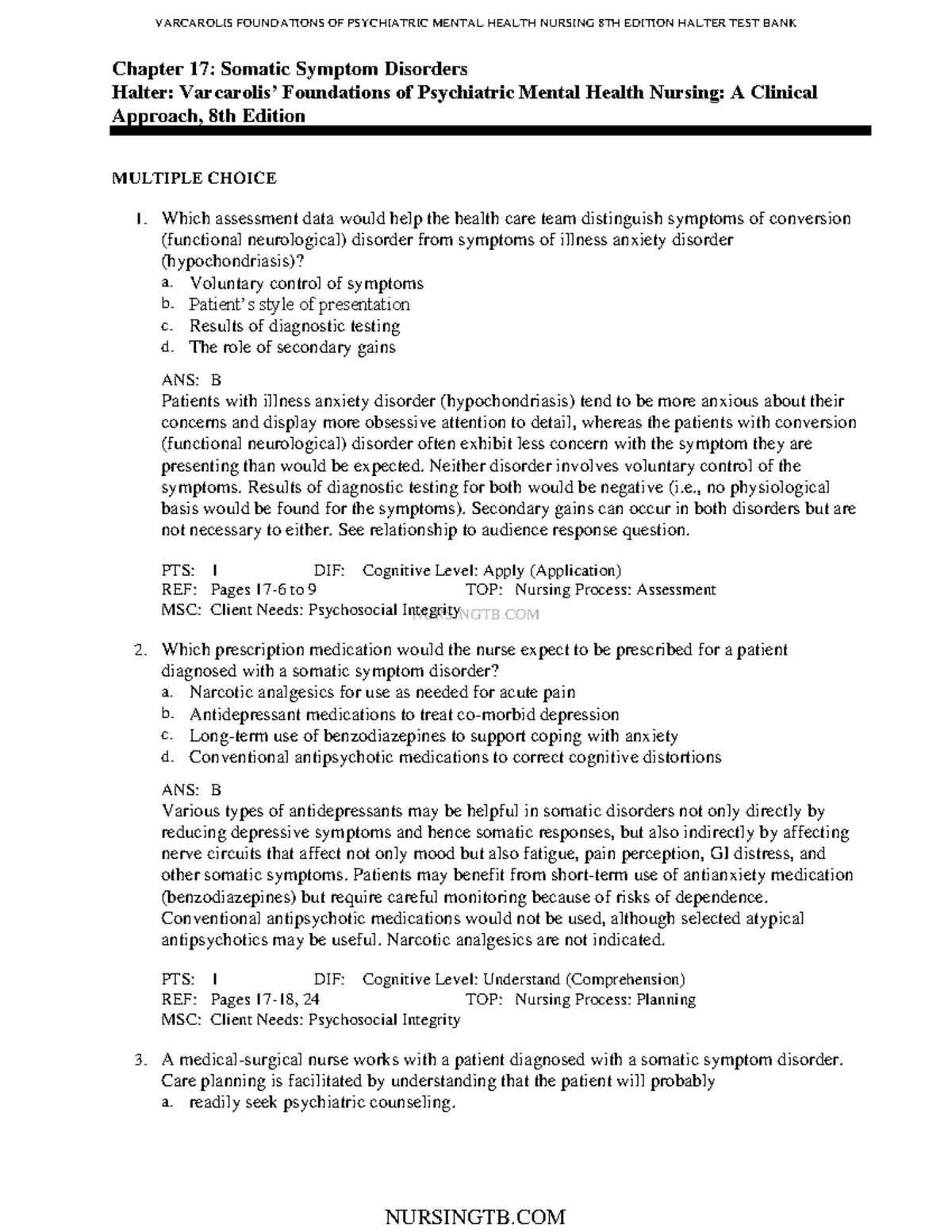 Chapter 17 Somatic Symptom Disorders - NURSINGTB Chapter 17: Somatic ...