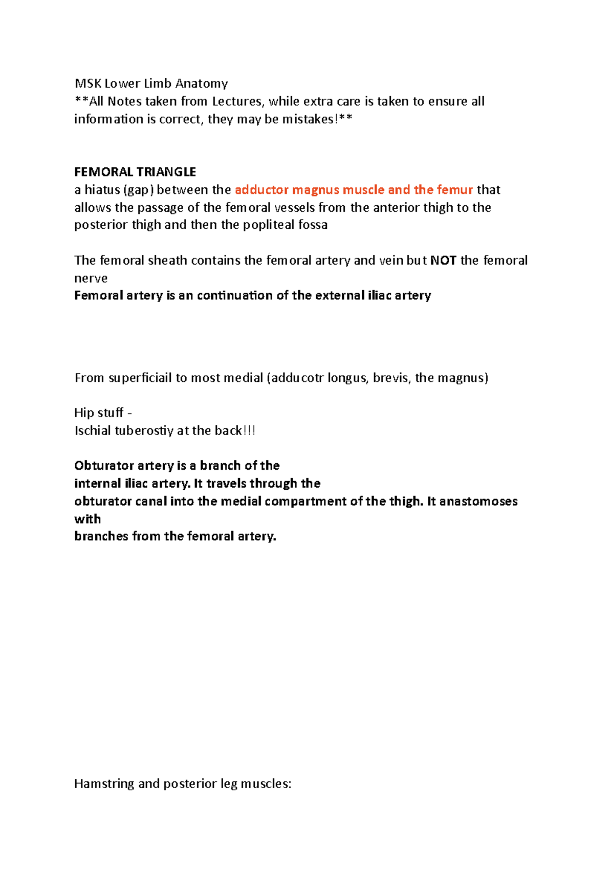 MSk Lower Limb Anatomy - MSK Lower Limb Anatomy All Notes taken from ...