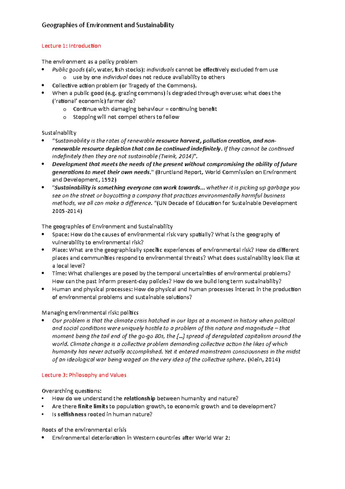Geographies of sustainability theme 1 revision - Lecture 1 ...