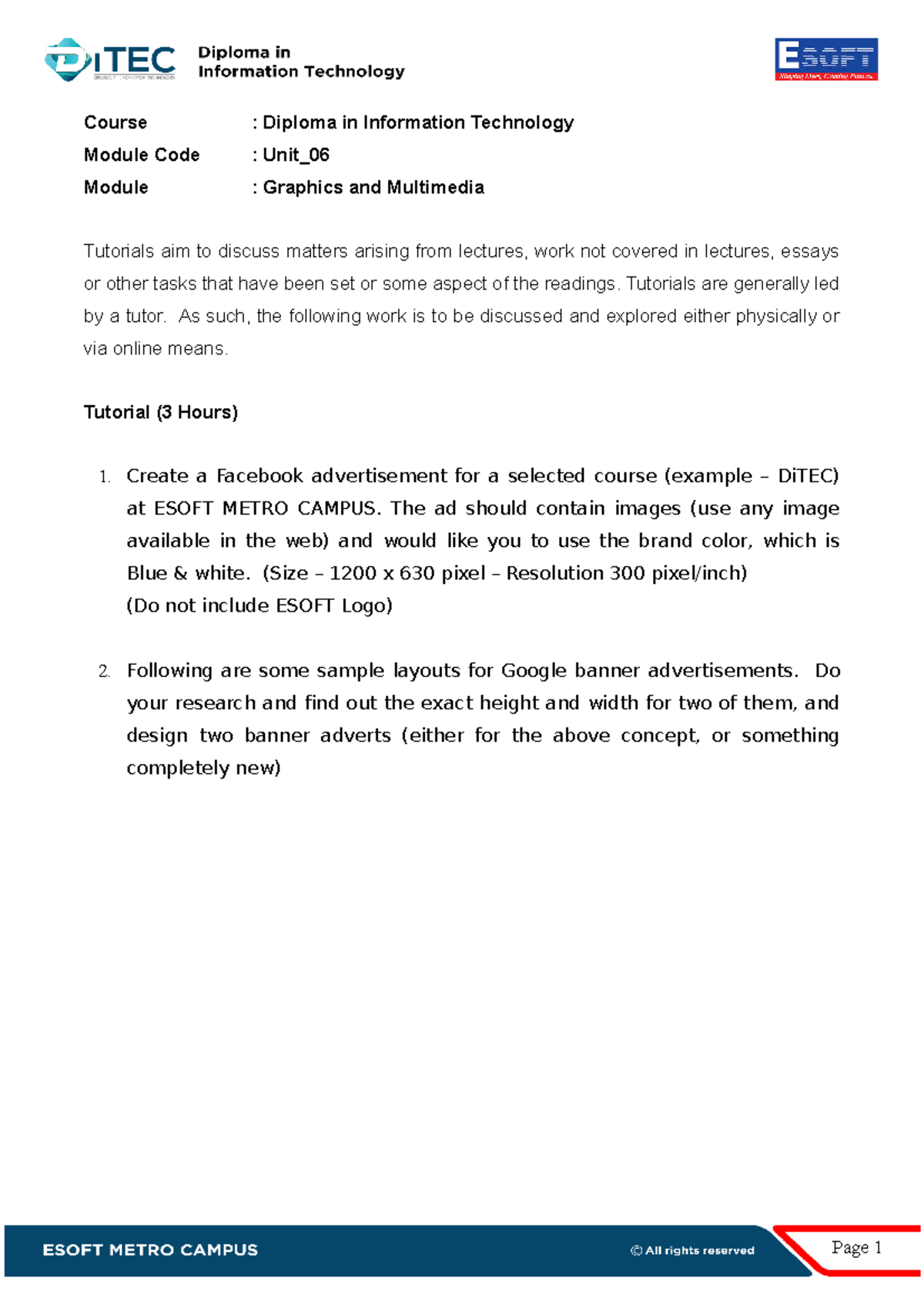 00094938 tutorial 6.1 Q 2 - Course : Diploma in Information Technology Module Code : Unit ...