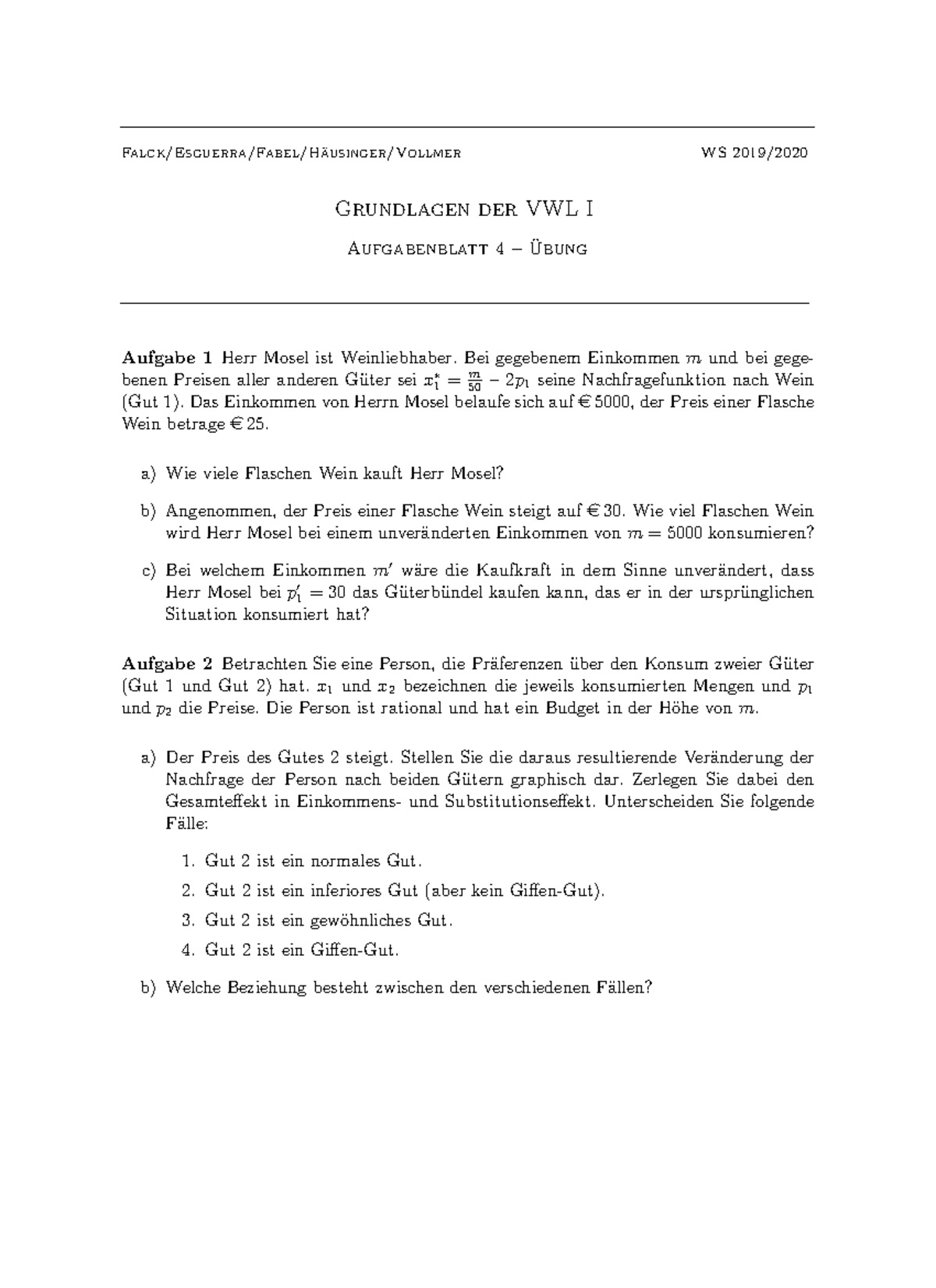 VWL 1 Übung #4 Marknachfrage - Grundlagen der VWL 1 - mit ...
