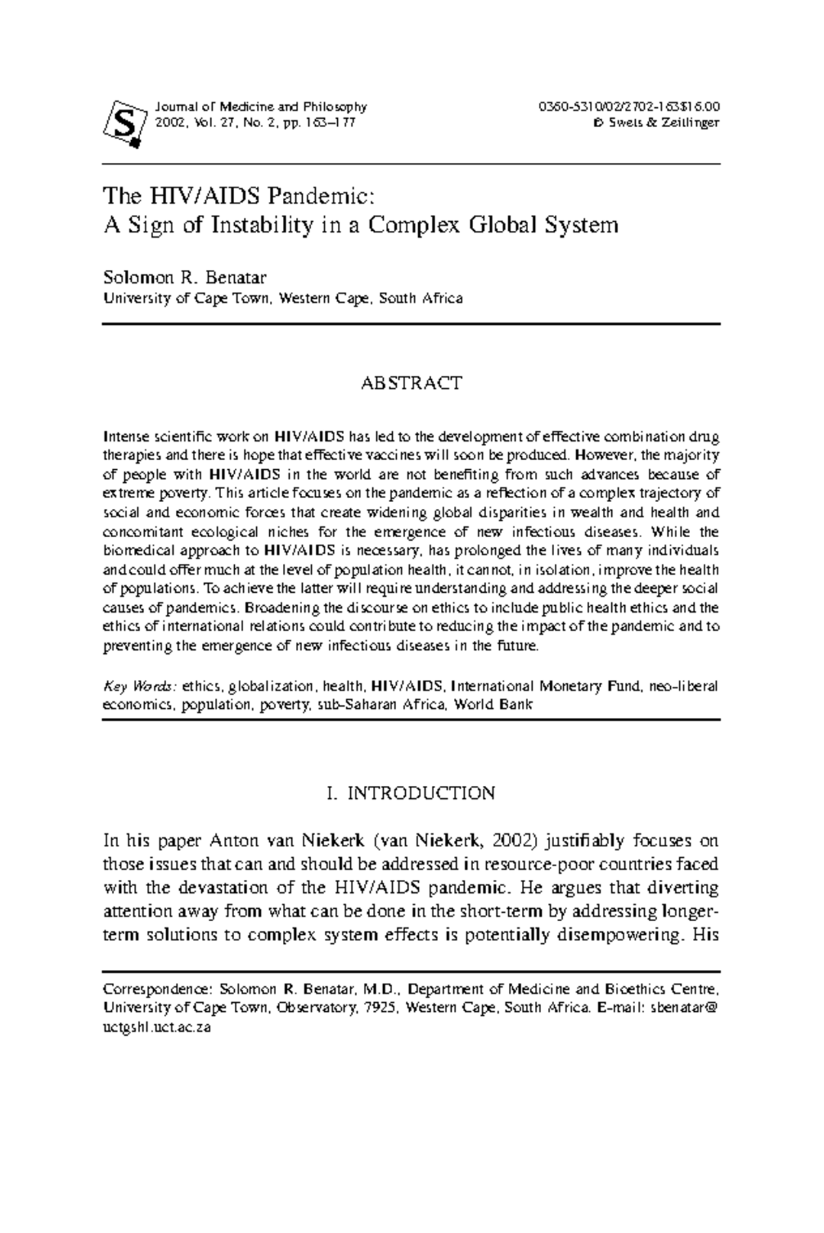 Benatar Hivaids - reading - Journal of Medicine and Philosophy 0360 ...
