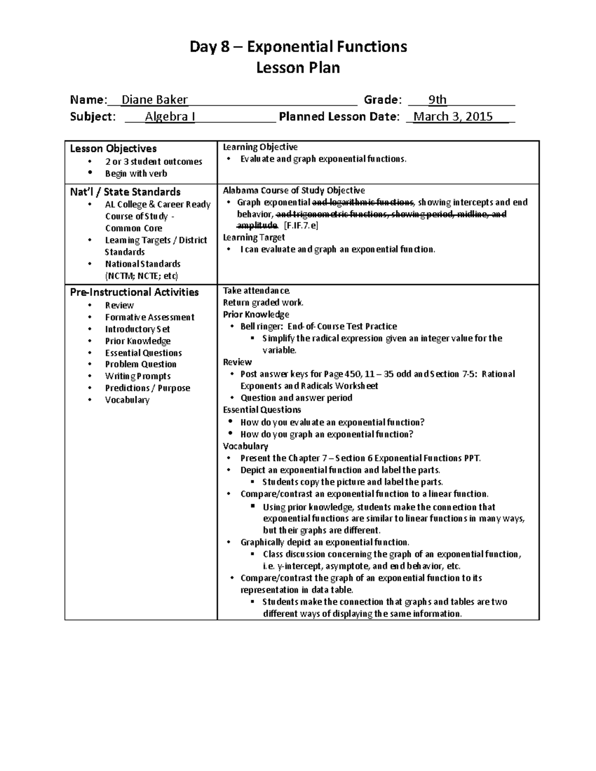 Day 8 - exponential functions - Day 8 – Exponential Functions Lesson ...
