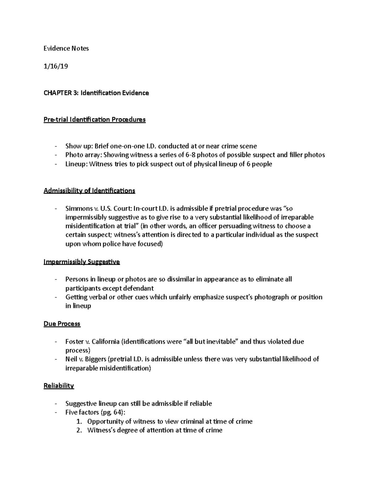 Evidence Notes 3 - Evidence Notes 1/16/19 CHAPTER 3: Identification ...
