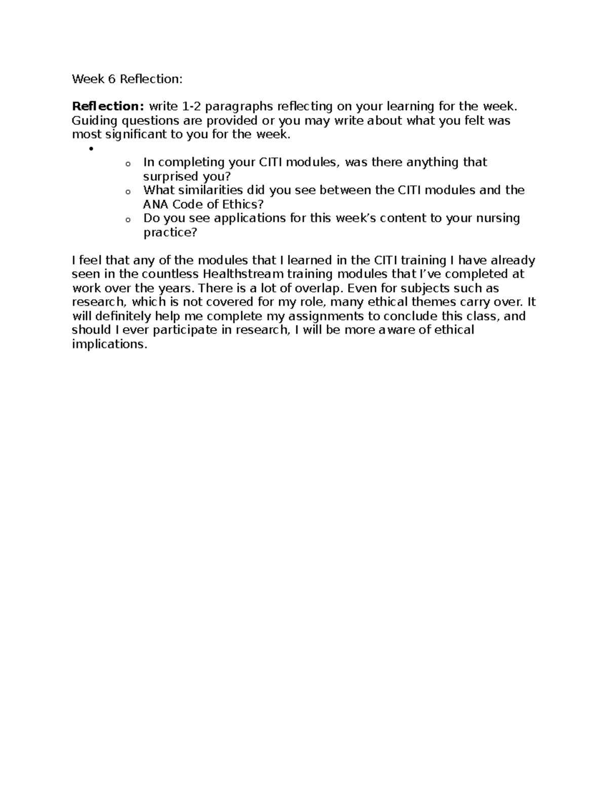 Week 6 Reflection - Week 6 Reflection: Reflection: write 1-2 paragraphs reflecting on your ...