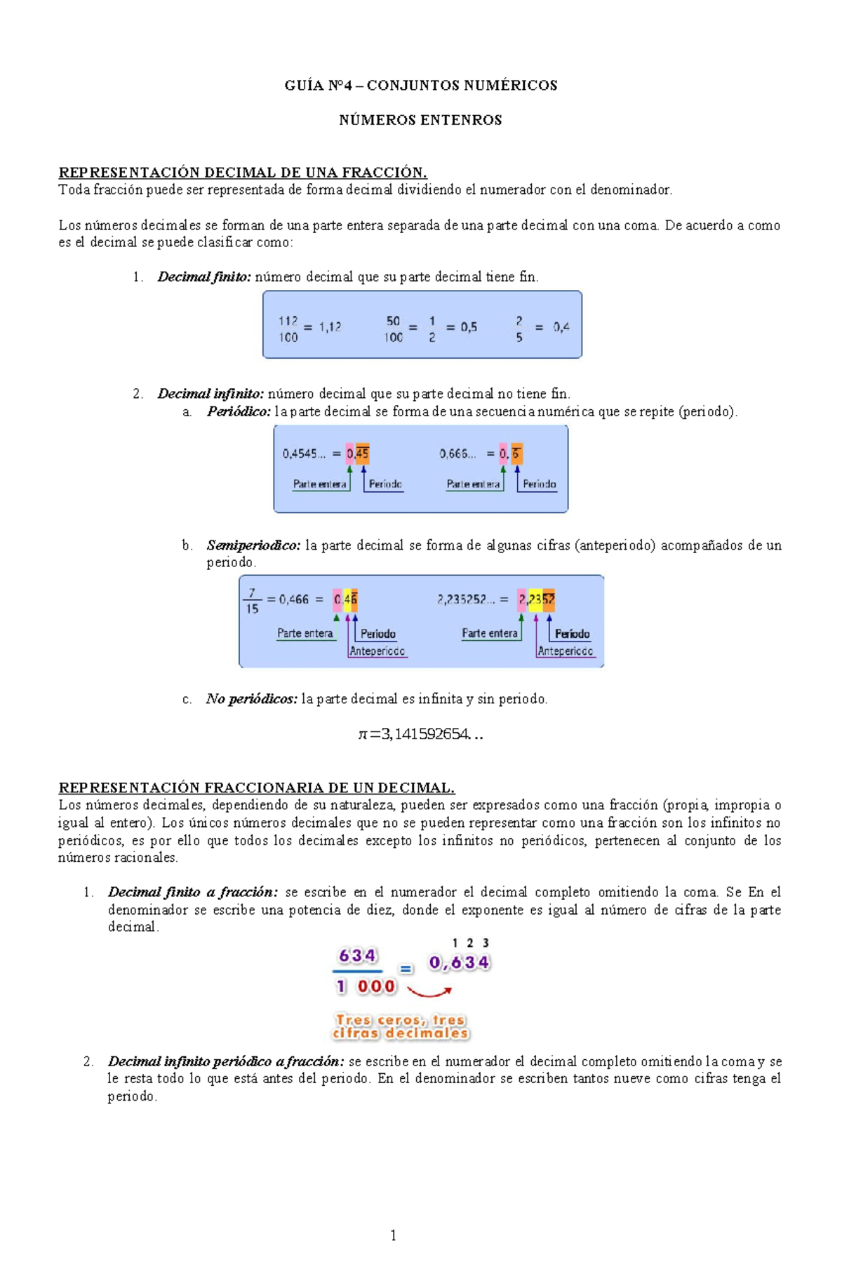 GUIA- Decimales - GUÍA N°4 – CONJUNTOS NUMÉRICOS NÚMEROS ENTENROS ...
