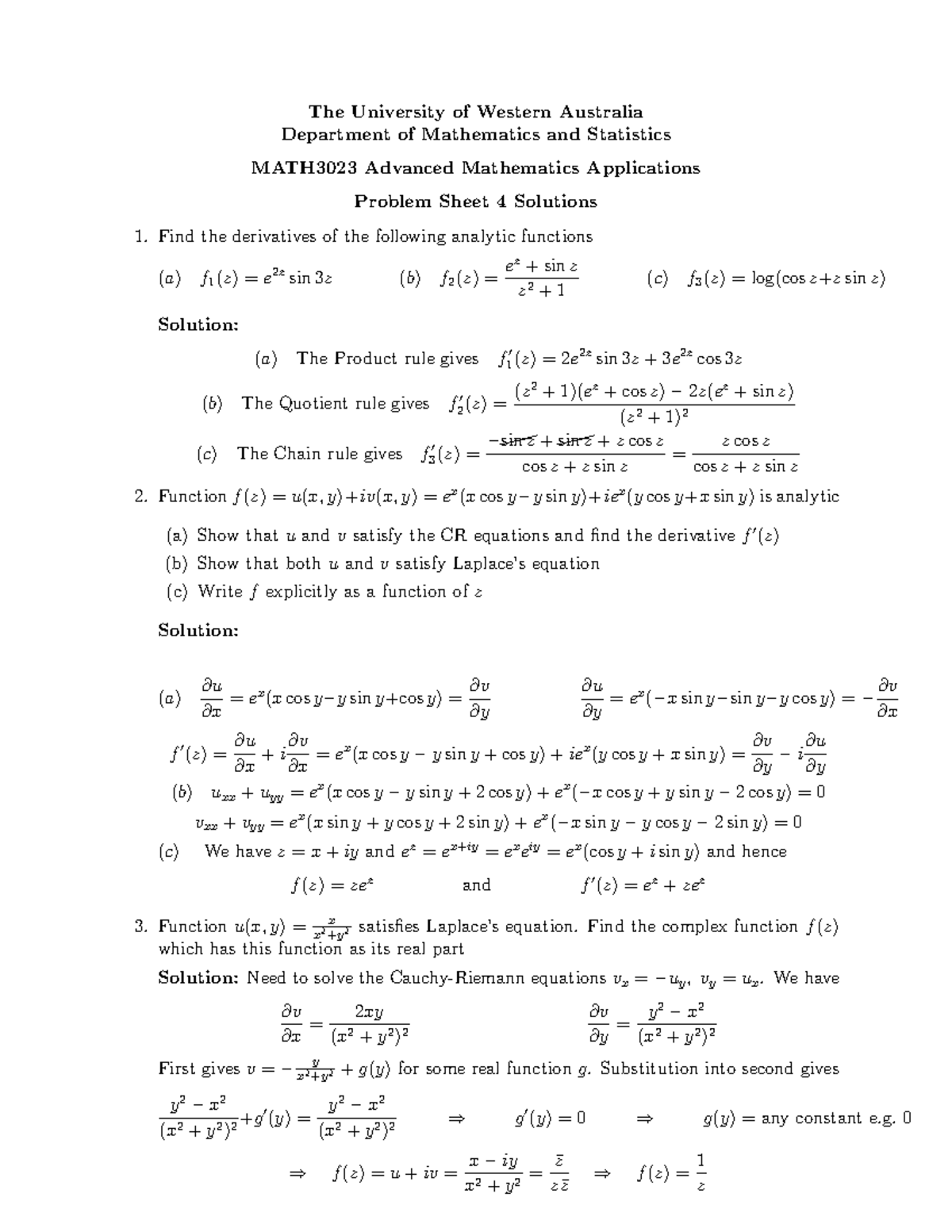 Problem Sheet 4 Solutions - The University of Western Australia ...