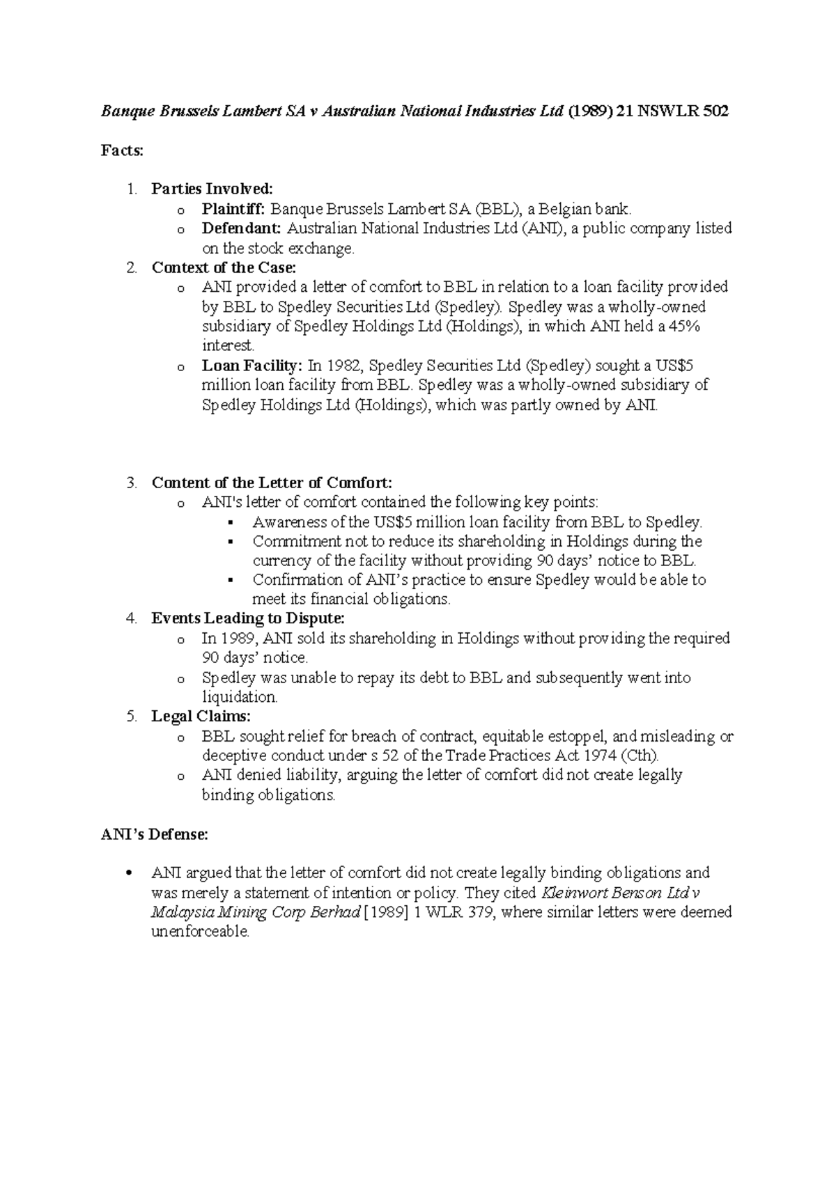 Banque Brussels Lambert SA v Australian National Industries Ltd ...