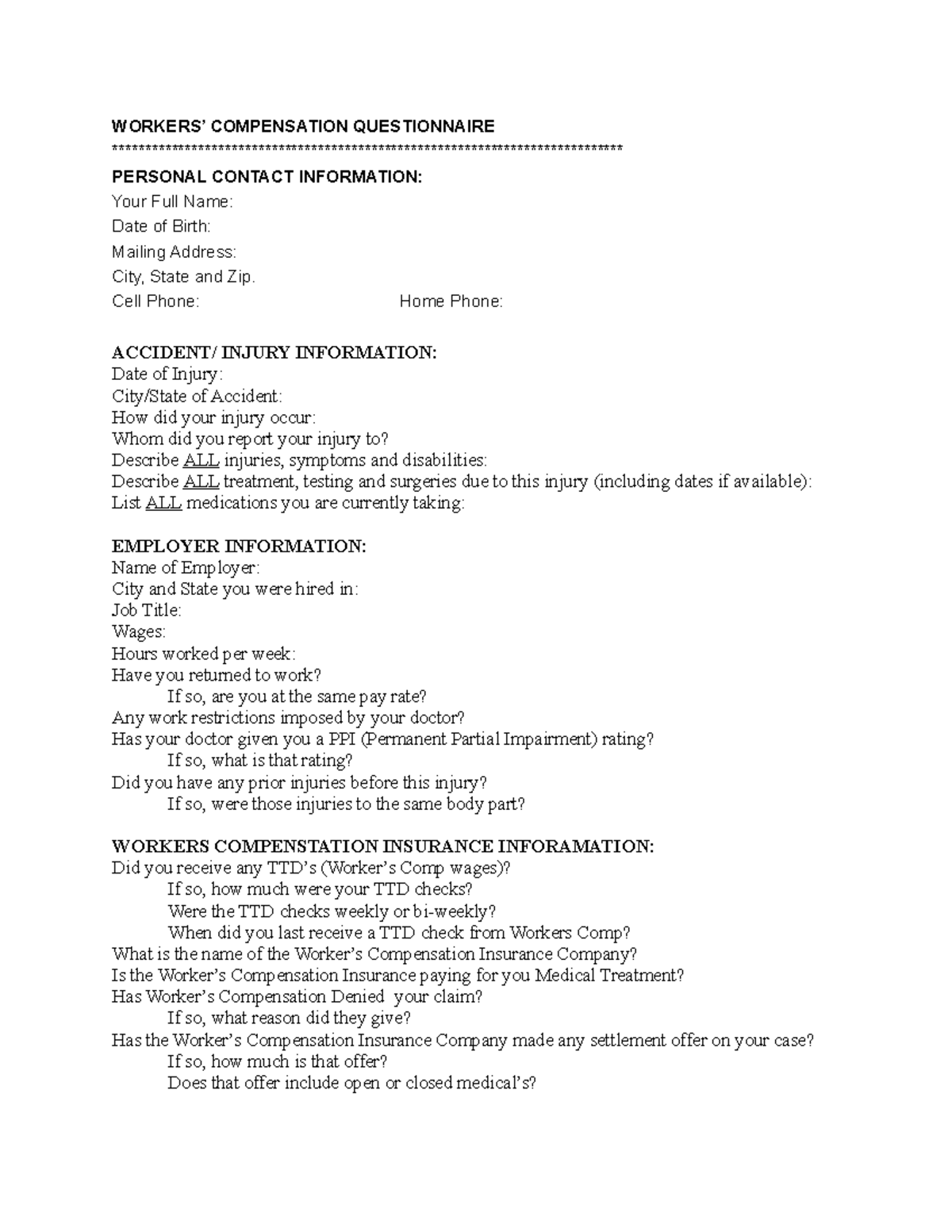 Document - Good notes - WORKERS’ COMPENSATION QUESTIONNAIRE PERSONAL ...